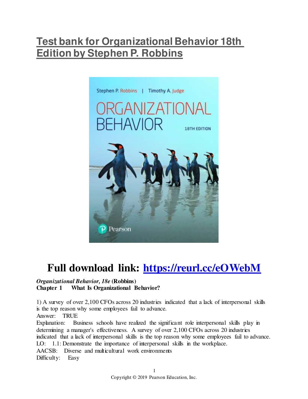 Test bank for Organizational Behavior 18th Edition by Stephen P ...