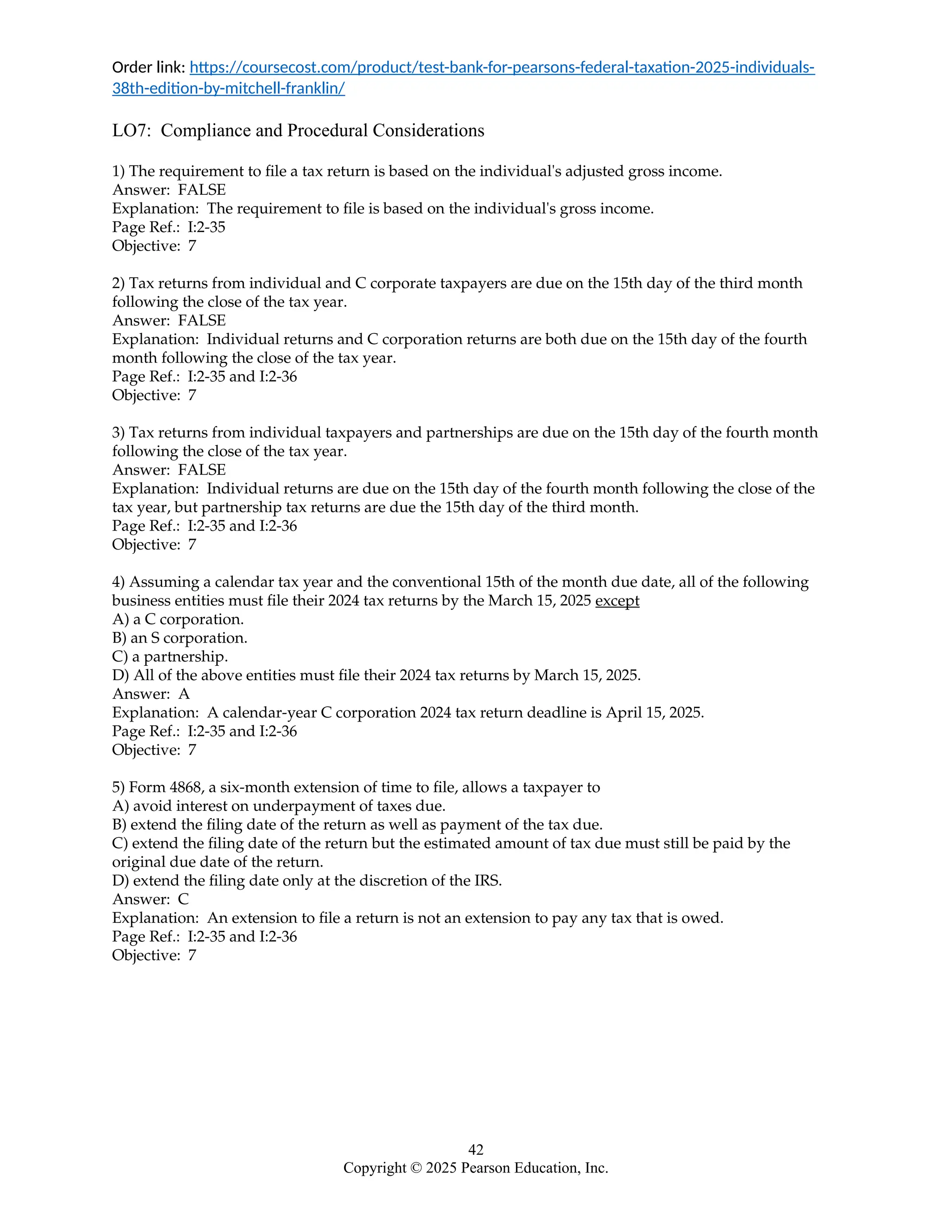 Test Bank For Pearson’s Federal Taxation 2025 Individuals, 38th Edition ...