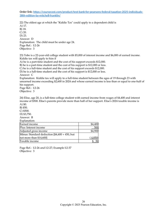 Test Bank For Pearson’s Federal Taxation 2025 Individuals, 38th Edition ...