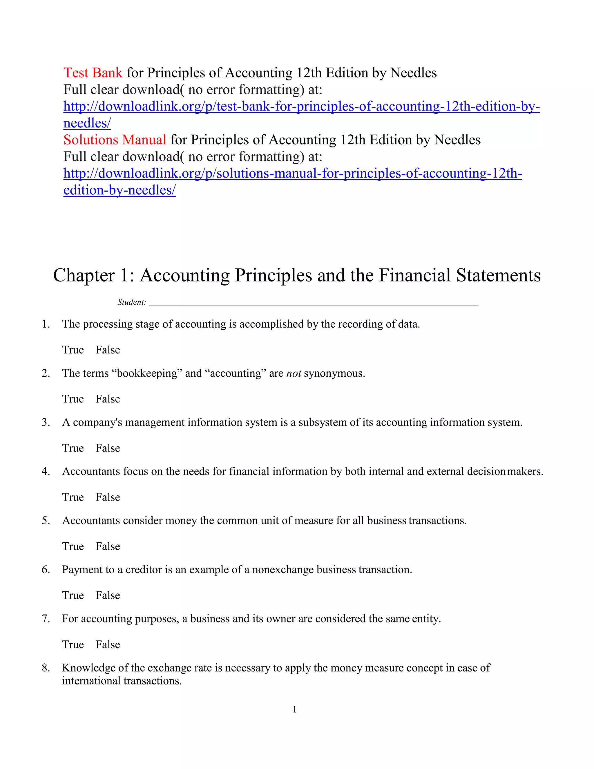 Test bank for principles of accounting 12th edition by needles | PDF