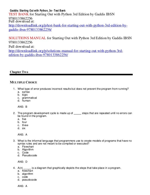 Test bank for starting out with python 3rd edition by gaddis ibsn 978…
