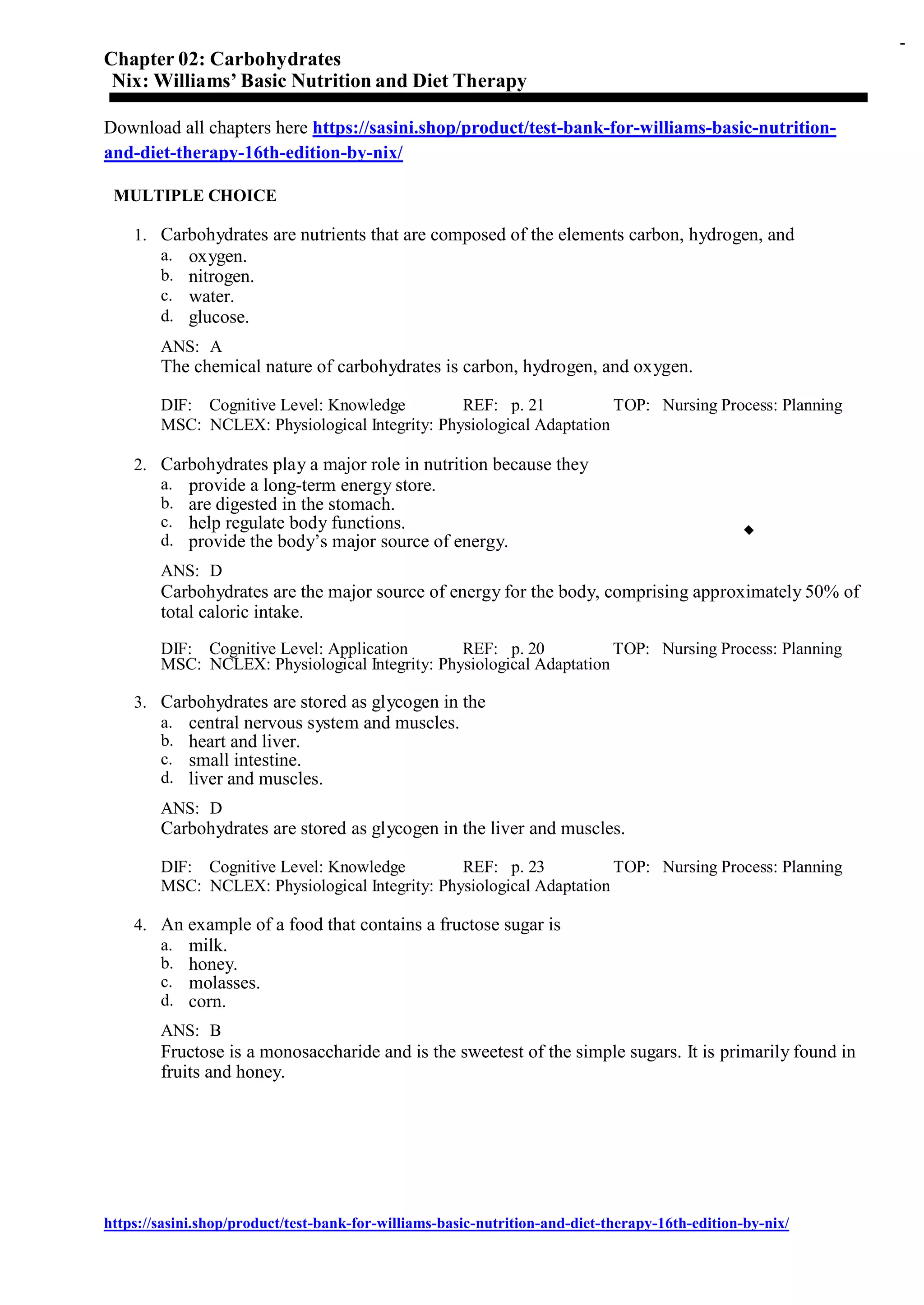Test Bank For Williams Basic Nutrition And Diet Therapy 16th Edition ...