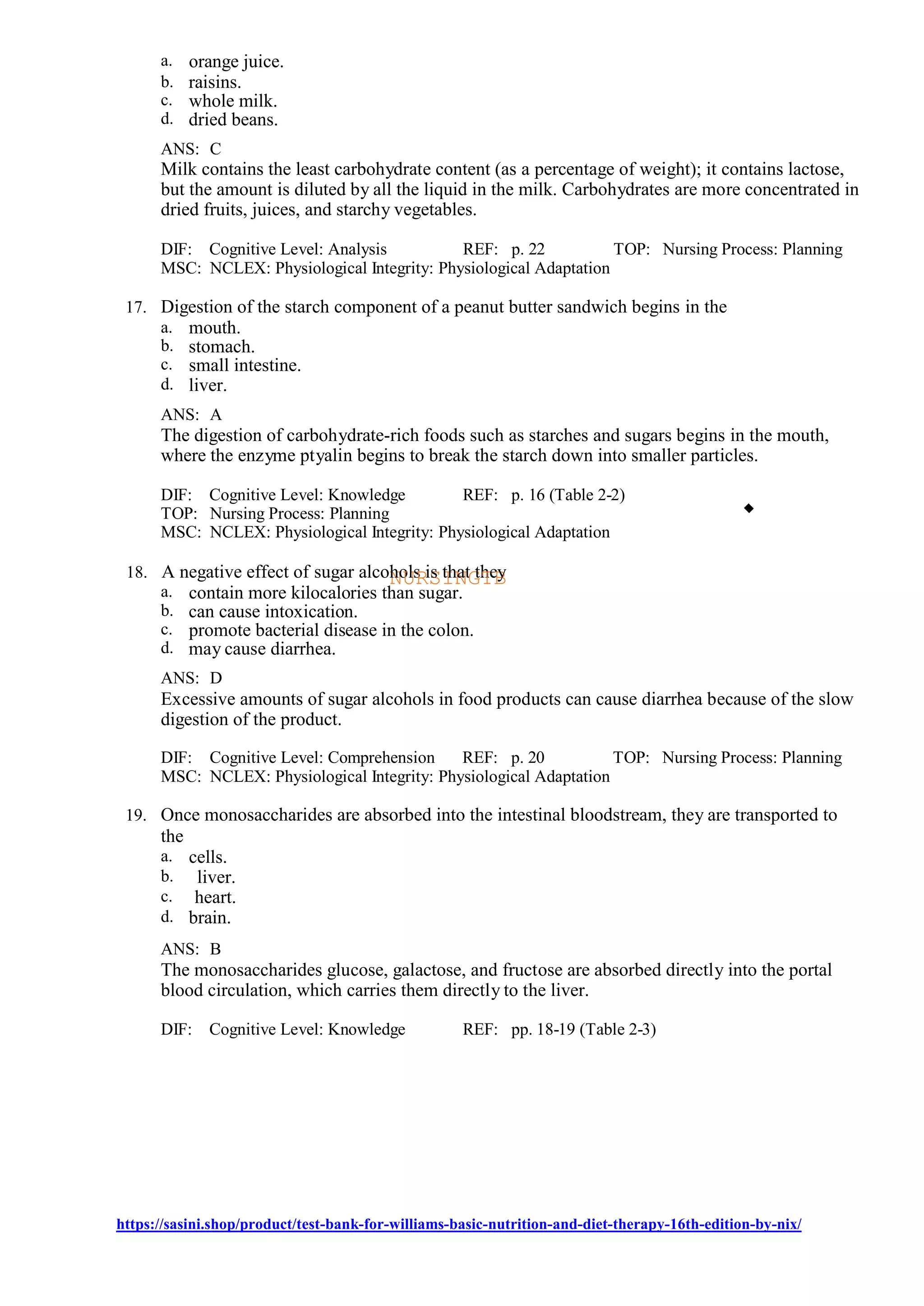 Test Bank For Williams Basic Nutrition And Diet Therapy 16th Edition ...