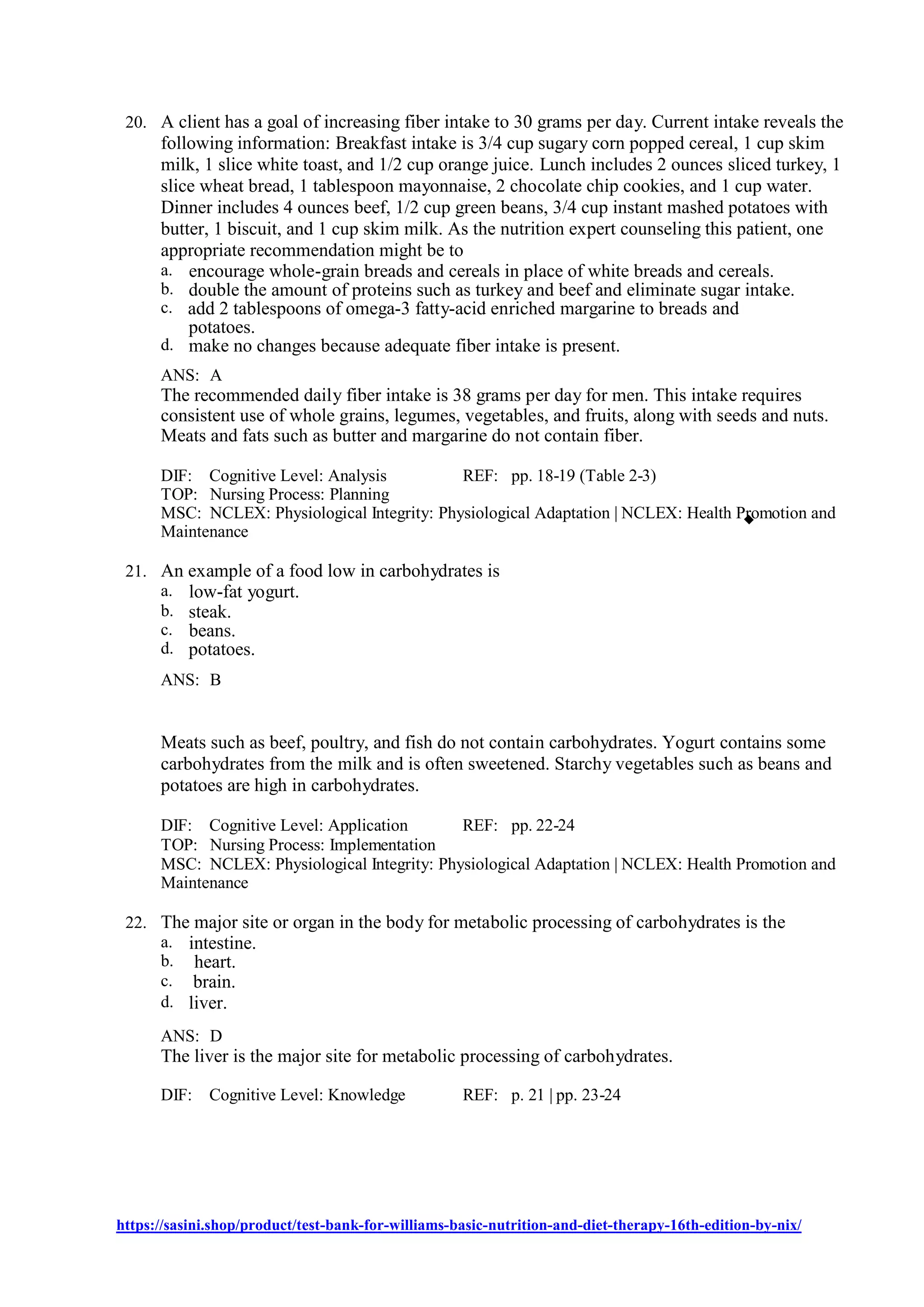 Test Bank For Williams Basic Nutrition And Diet Therapy 16th Edition ...