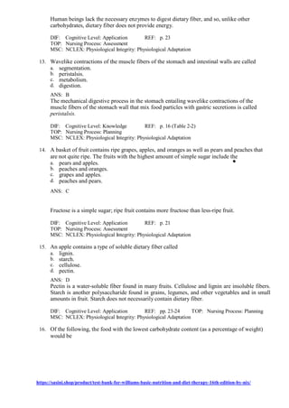 Test Bank For Williams Basic Nutrition And Diet Therapy 16th Edition ...