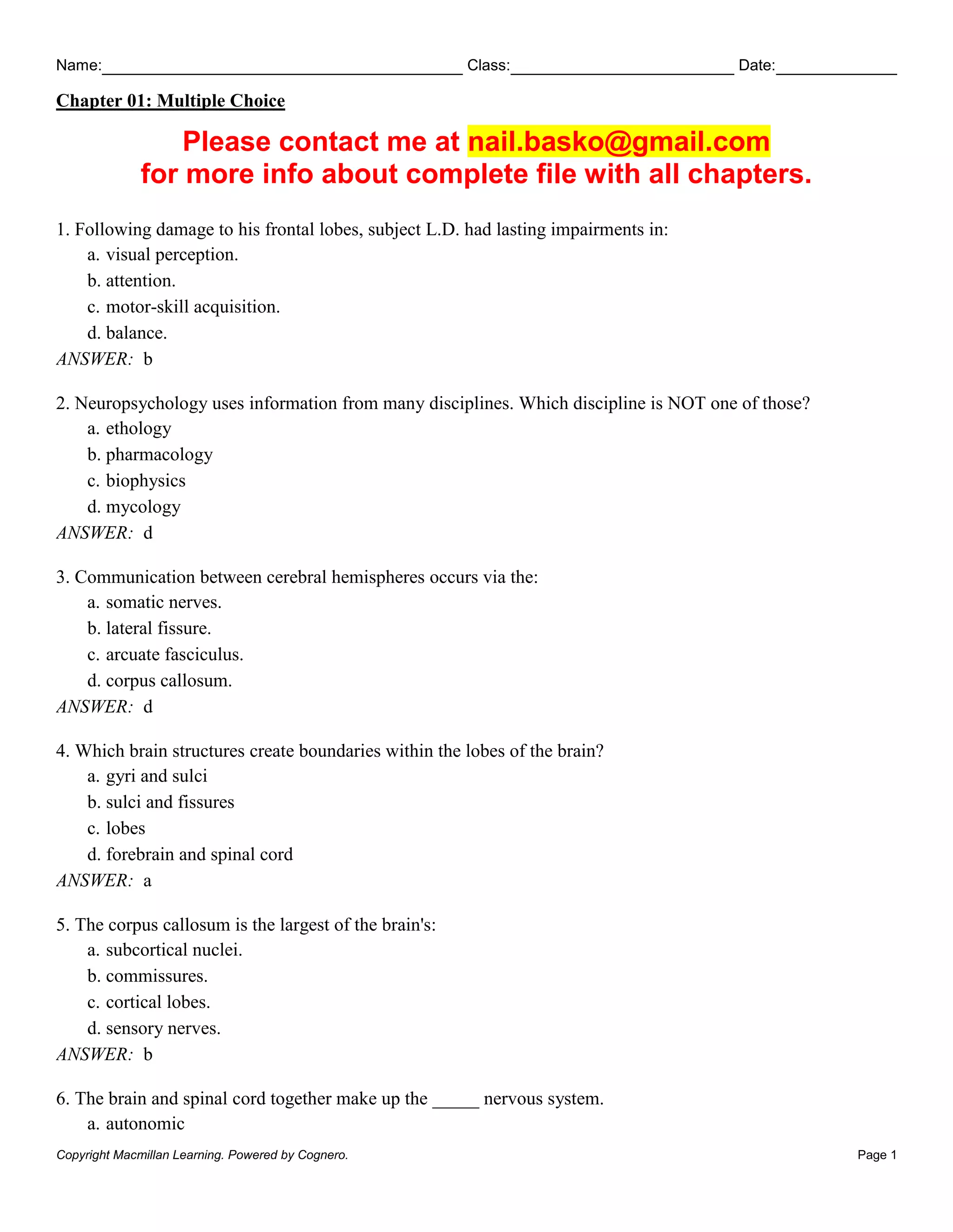 test bank Fundamentals of Human Neuropsychology, 8e Bryan Kolb, Ian ...