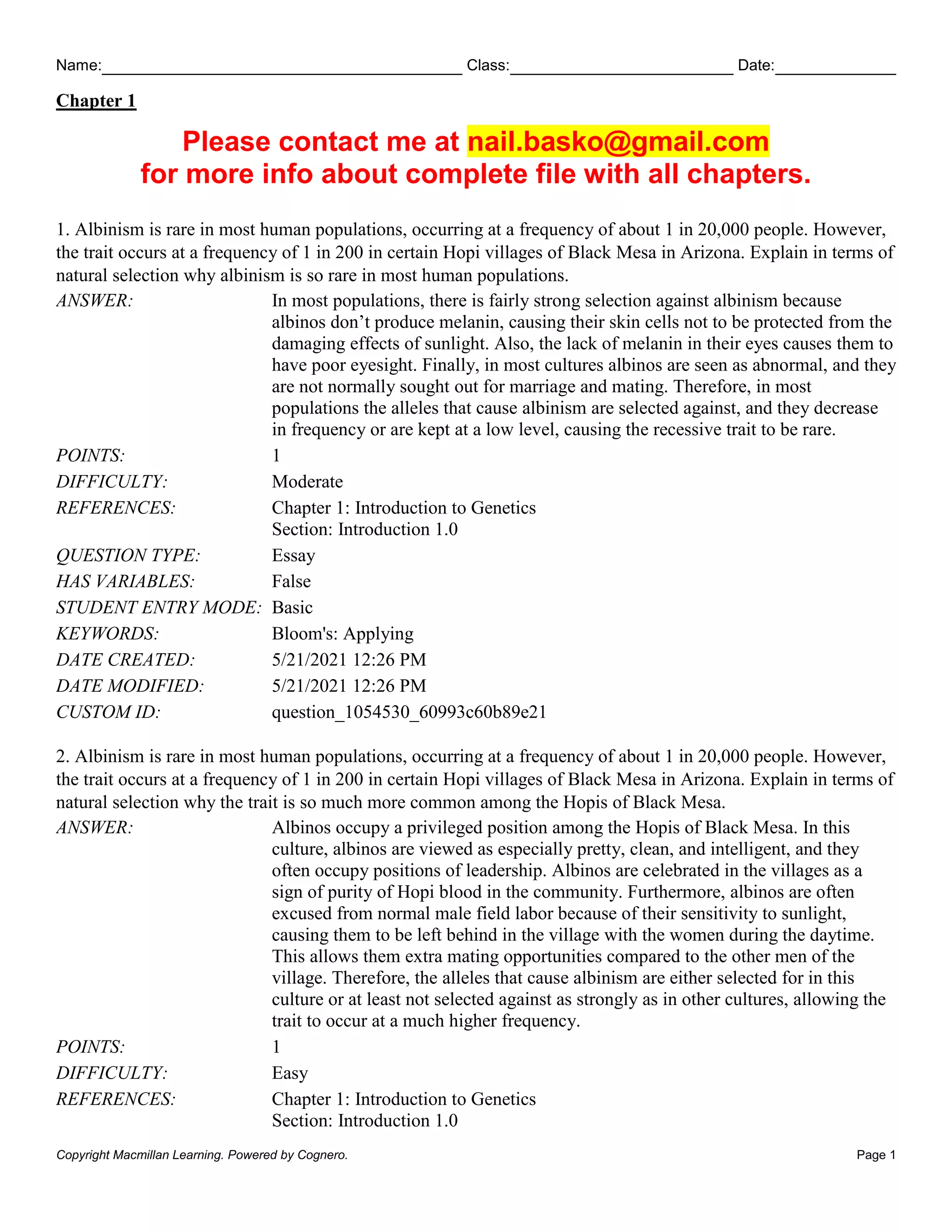 test bank Genetics Essentials, Concepts and Connections, 5e Benjamin ...