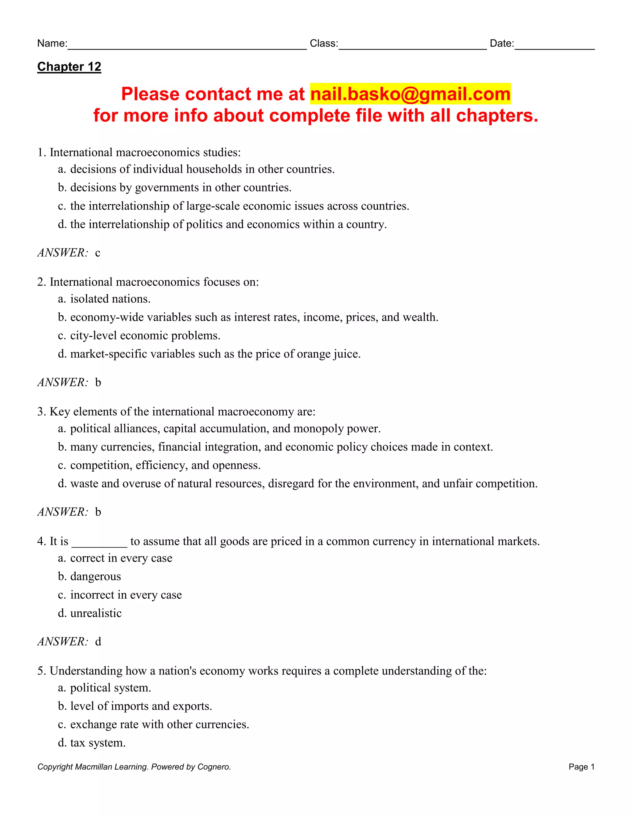 test bank International Economics, 5e Robert Feenstra, Alan Taylor test ...