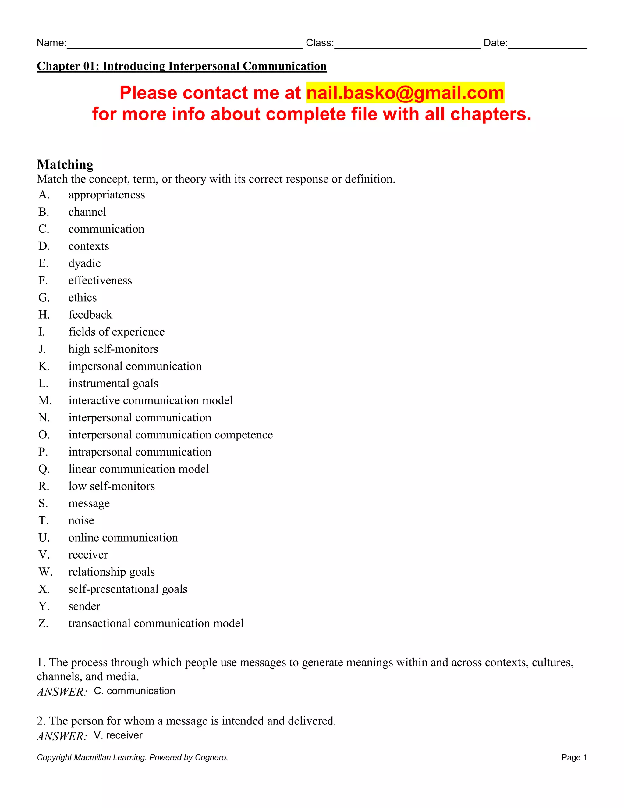 test bank Interpersonal Communication and You, 5e Steven McCornack test ...