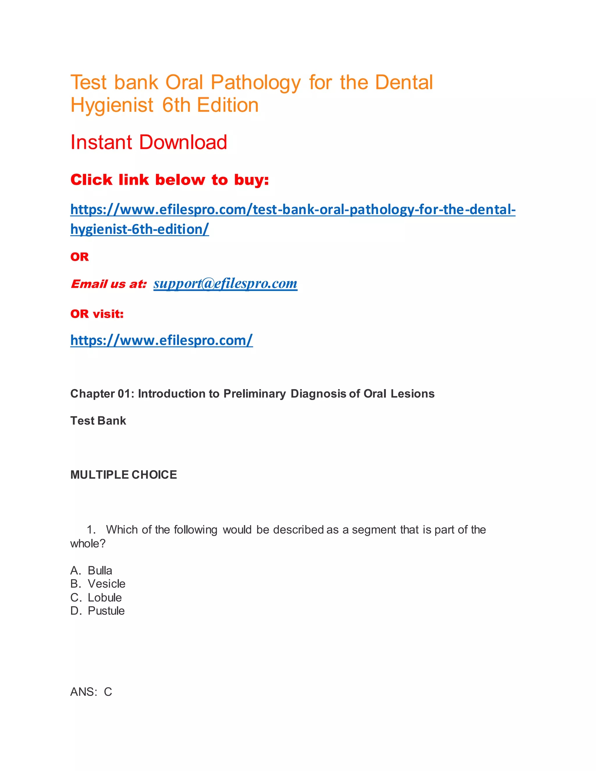 Test bank oral pathology for the dental hygienist 6th edition | DOCX