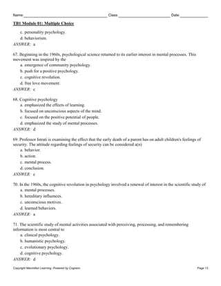 test bank Psychology in Modules, 13e David Myers, Nathan DeWall test ...