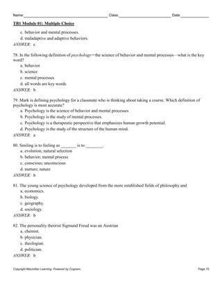 test bank Psychology in Modules, 13e David Myers, Nathan DeWall test ...