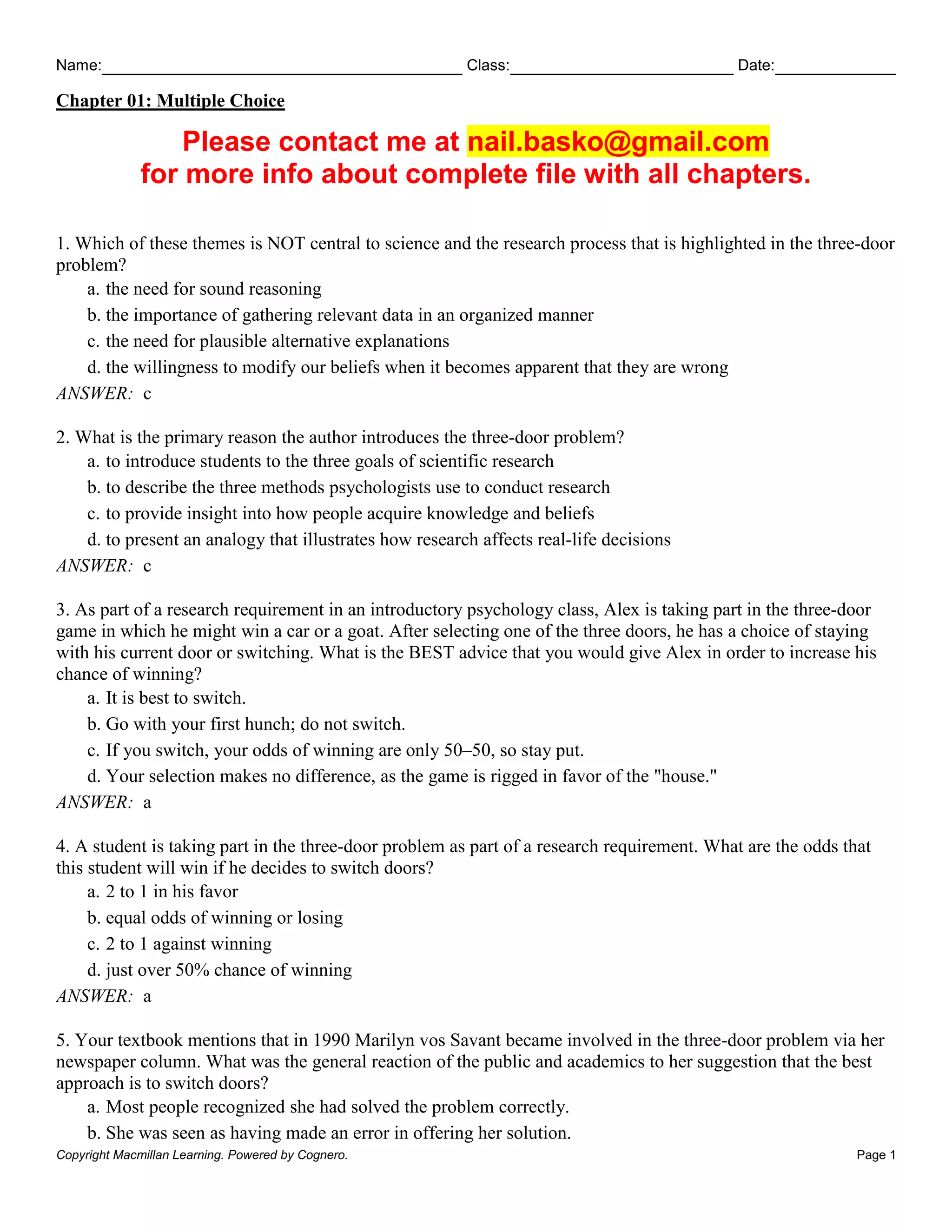 test bank Research Methods, Concepts and Connections, 3e Michael Passer ...