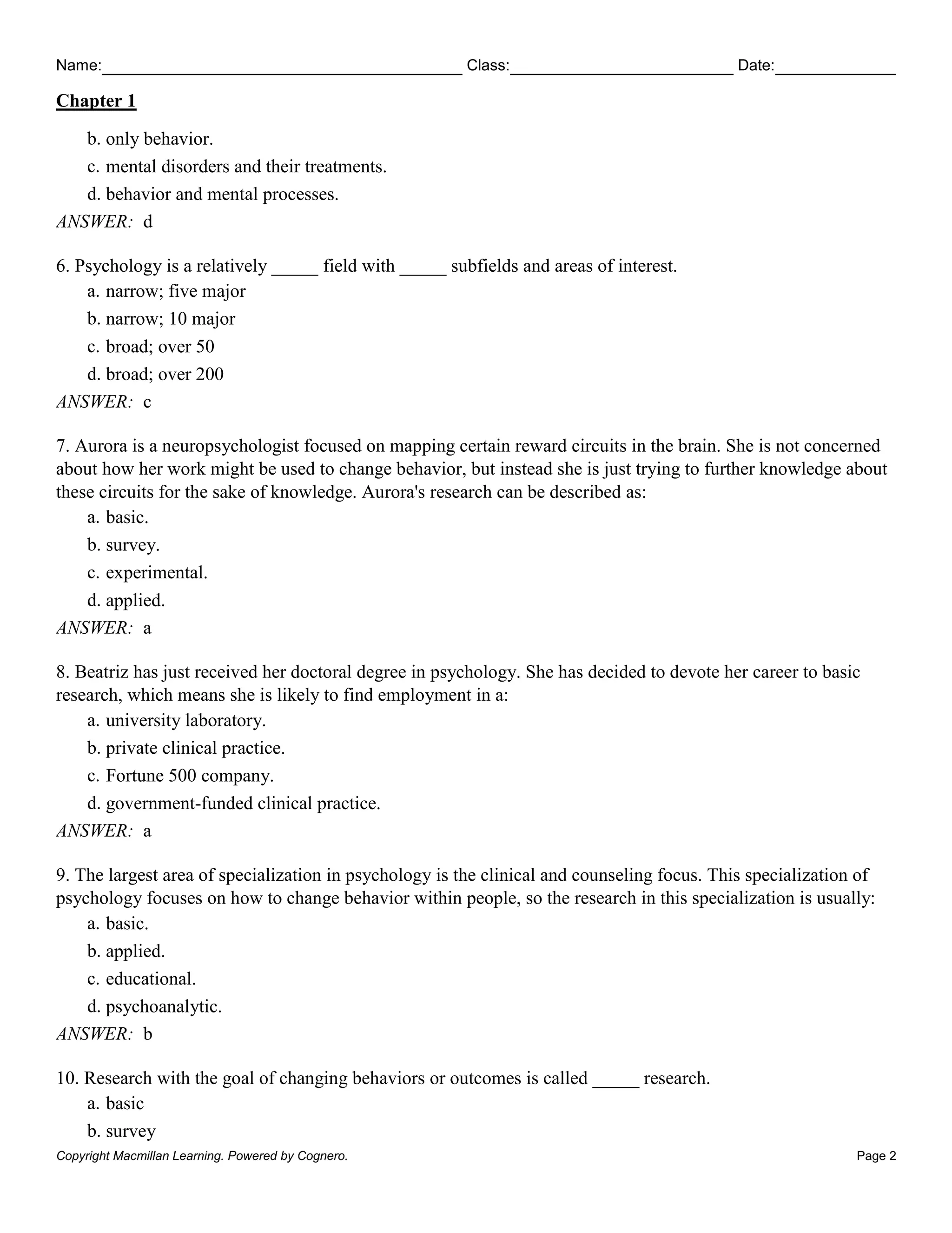 test bank Scientific American Presenting Psychology, 3e Deborah Licht ...