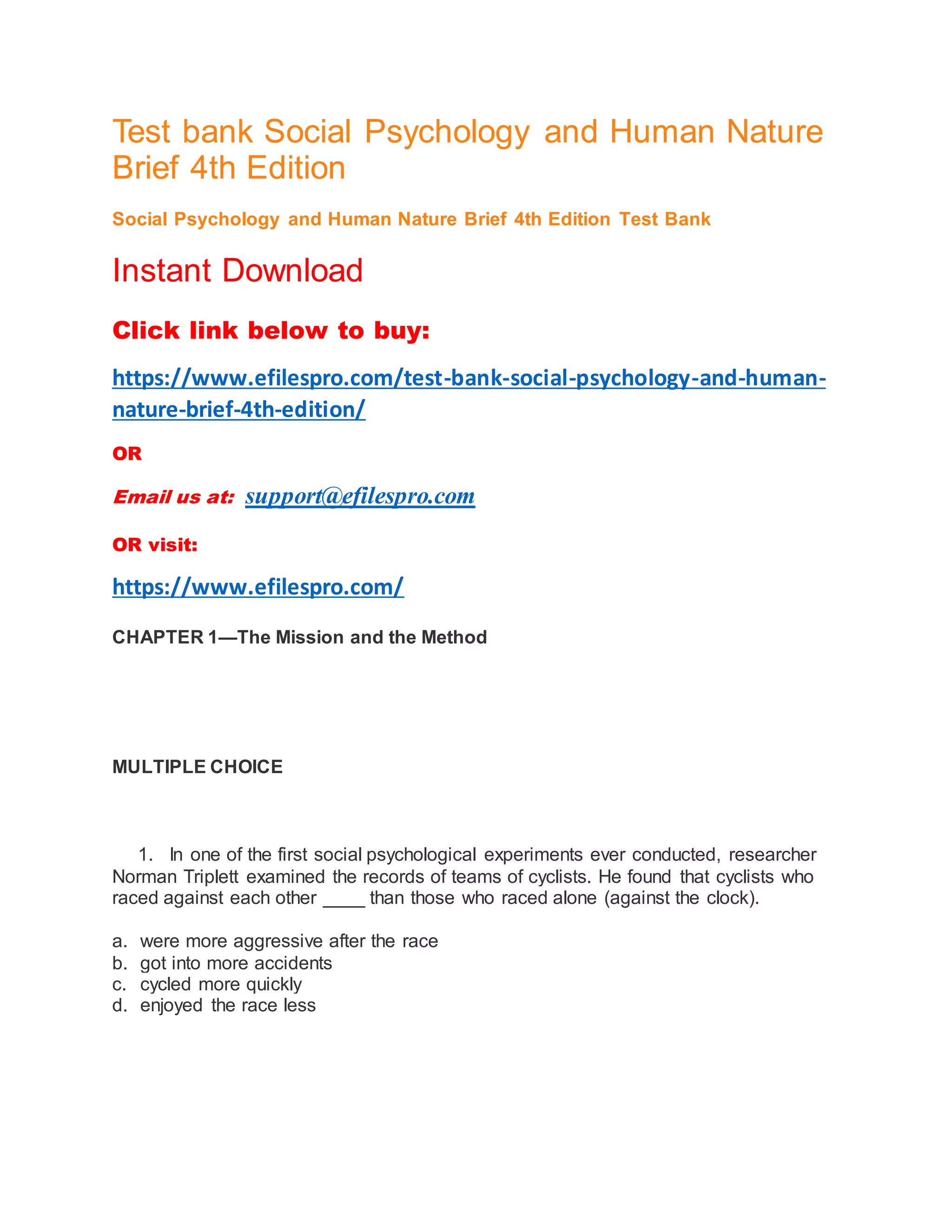 Test bank social psychology and human nature brief 4th edition | DOCX