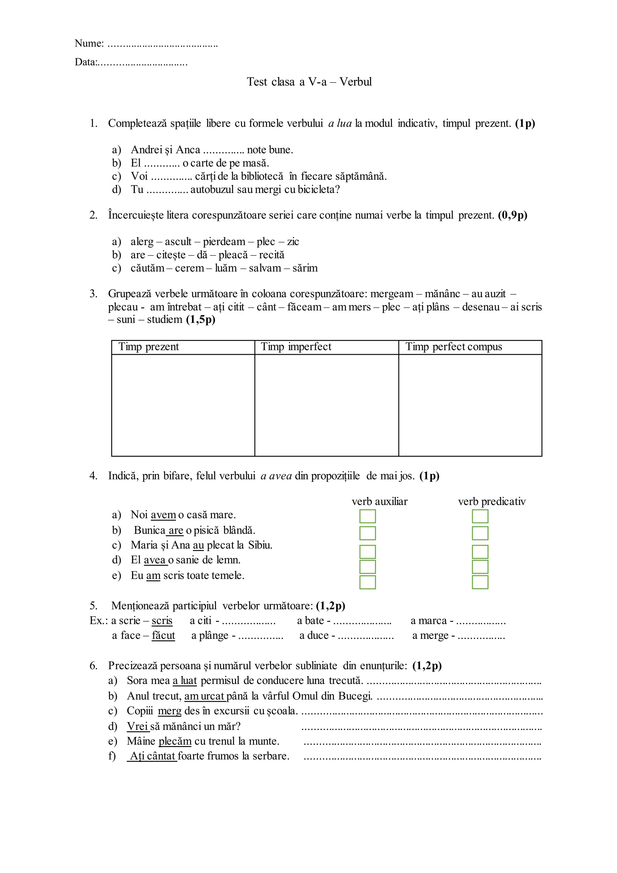 Test clasa 5 - verbul | DOCX