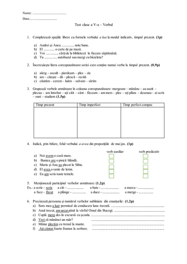 Test clasa 5 - verbul | DOCX