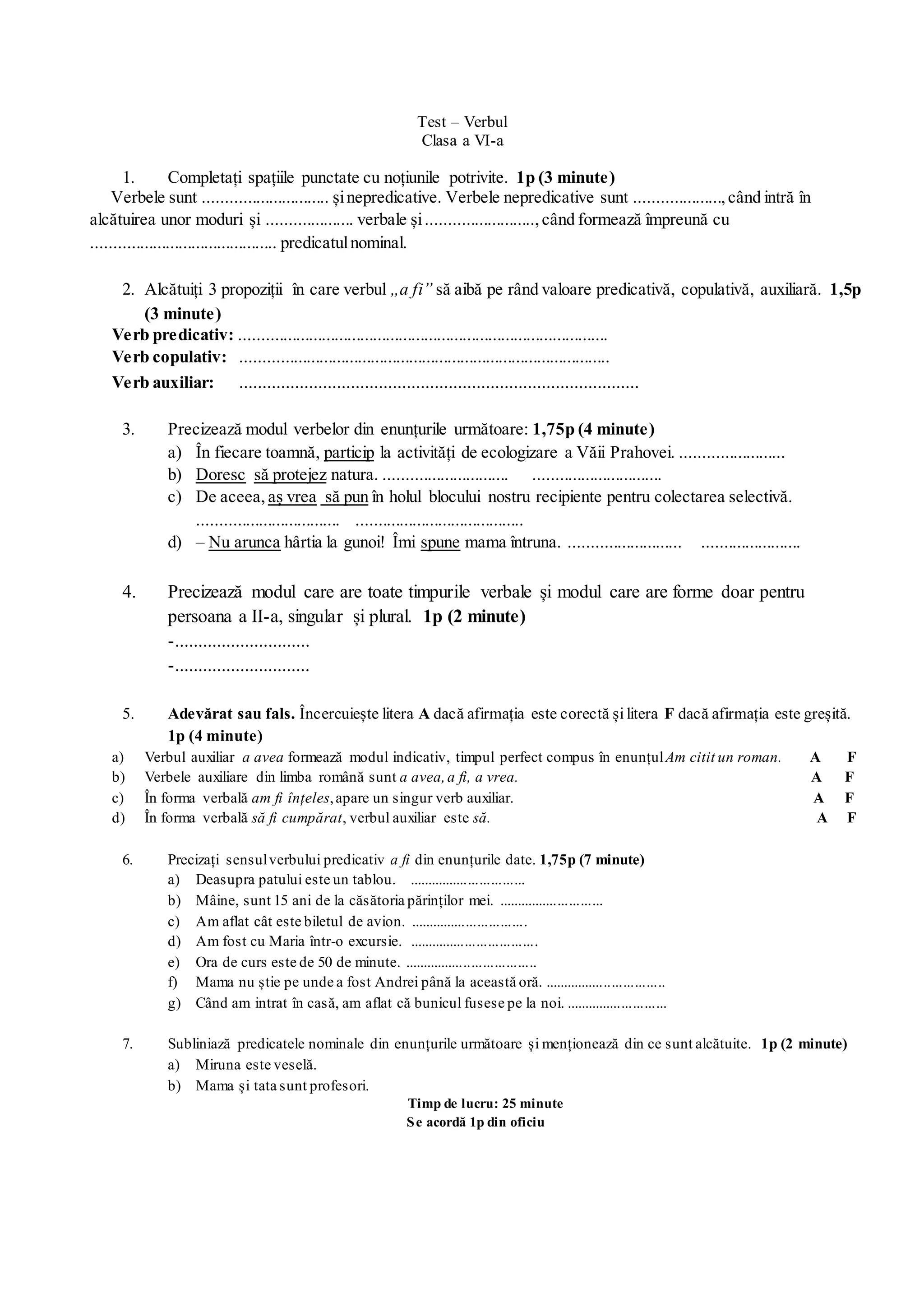 Test cls 6 verbul | DOCX