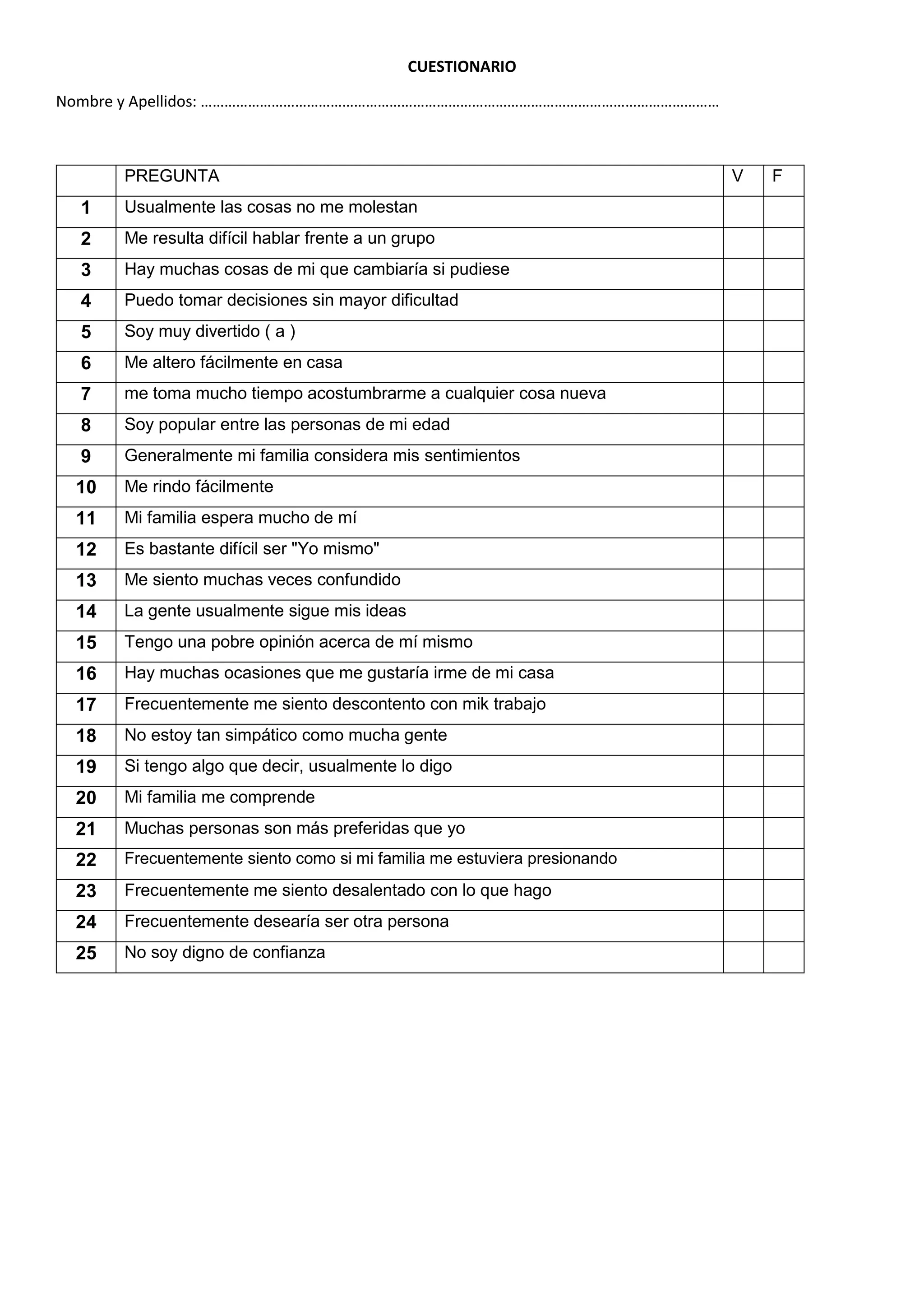 TEST cooper - Test de autoestima Coopersmith para adultos | DOCX ...