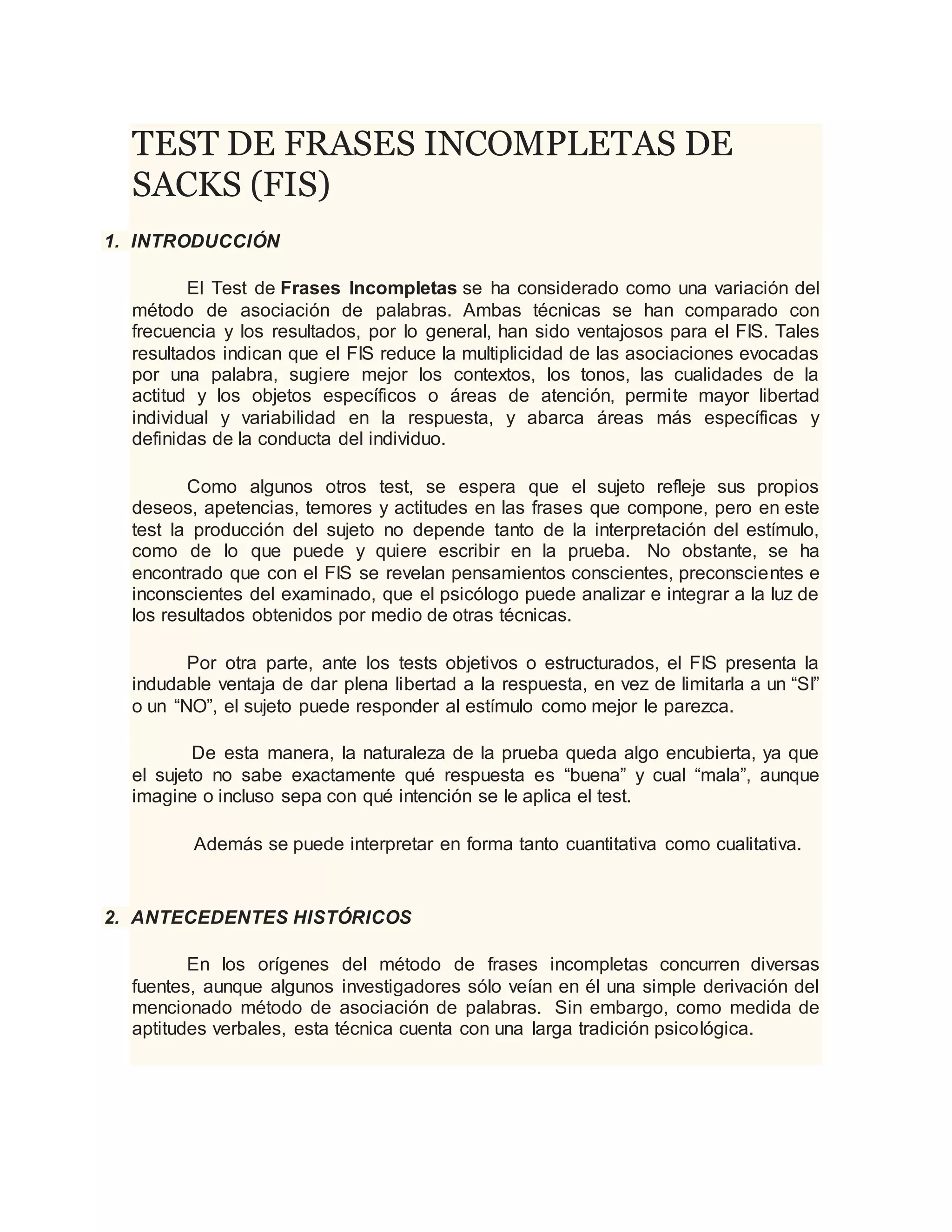 Test de frases incompletas de sacks | DOCX