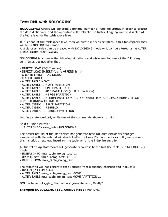 Test Dml With Nologging | PDF