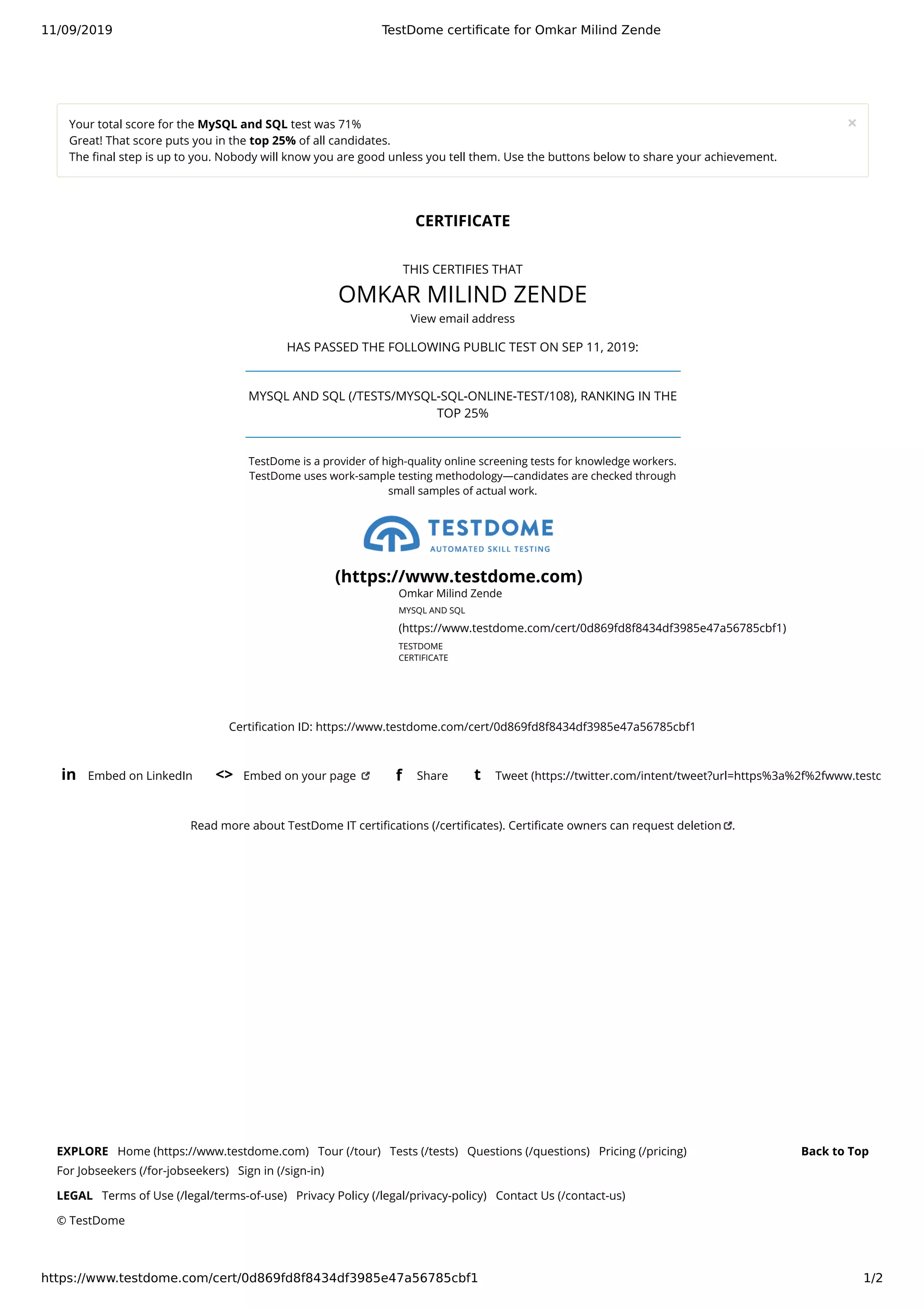 Test dome certificate | PDF