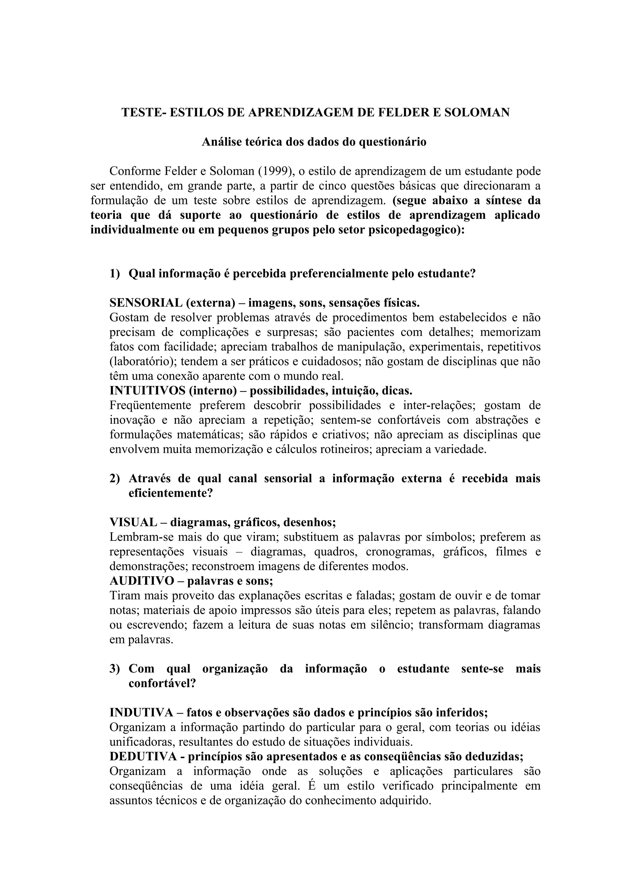 TESTE- ESTILOS DE APRENDIZAGEM DE FELDER E SOLOMAN- | DOC