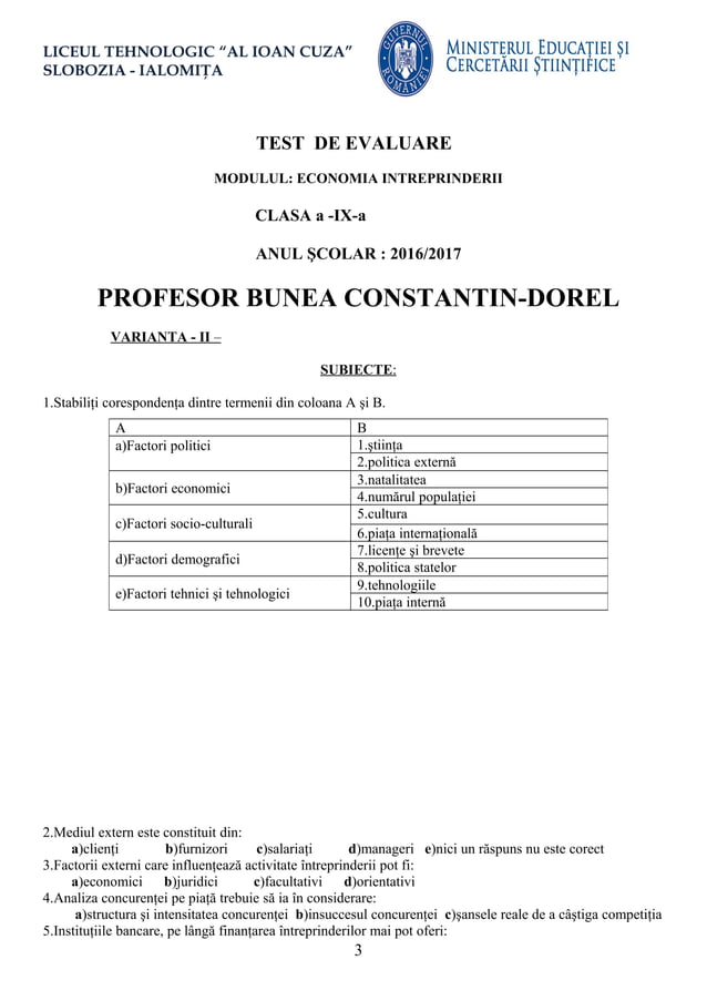 BUNEA DOREL-Test economia intreprinderi | PDF
