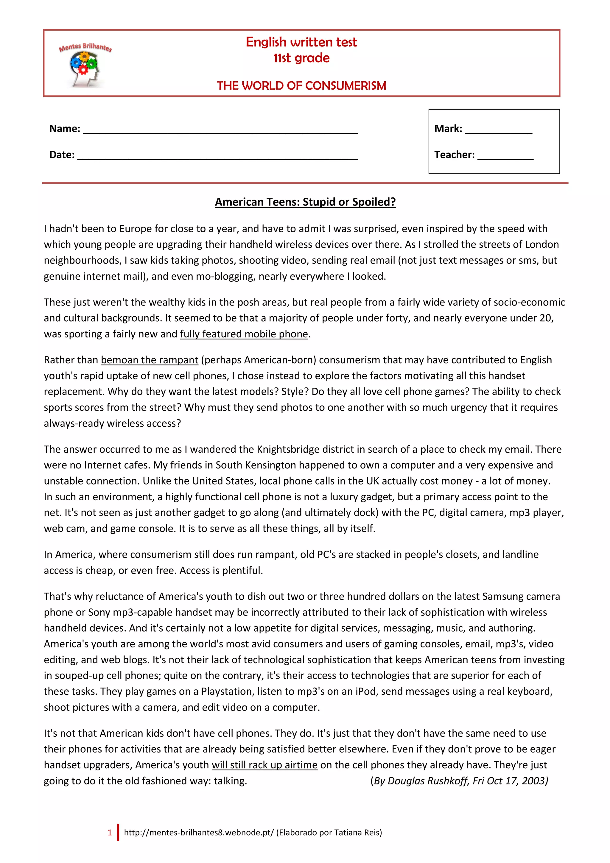 English Test Consumerism | PDF