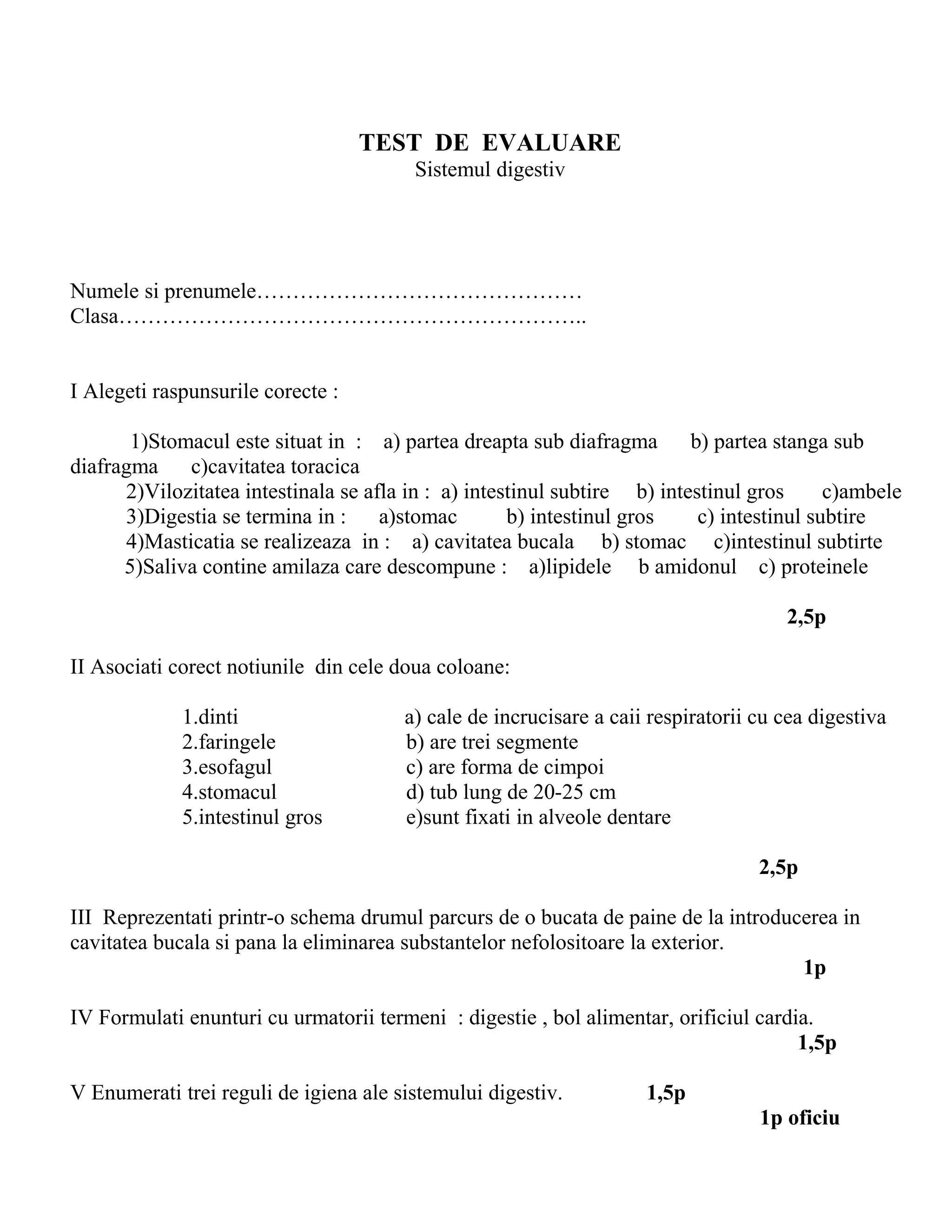 Test evaluare digestie | DOC
