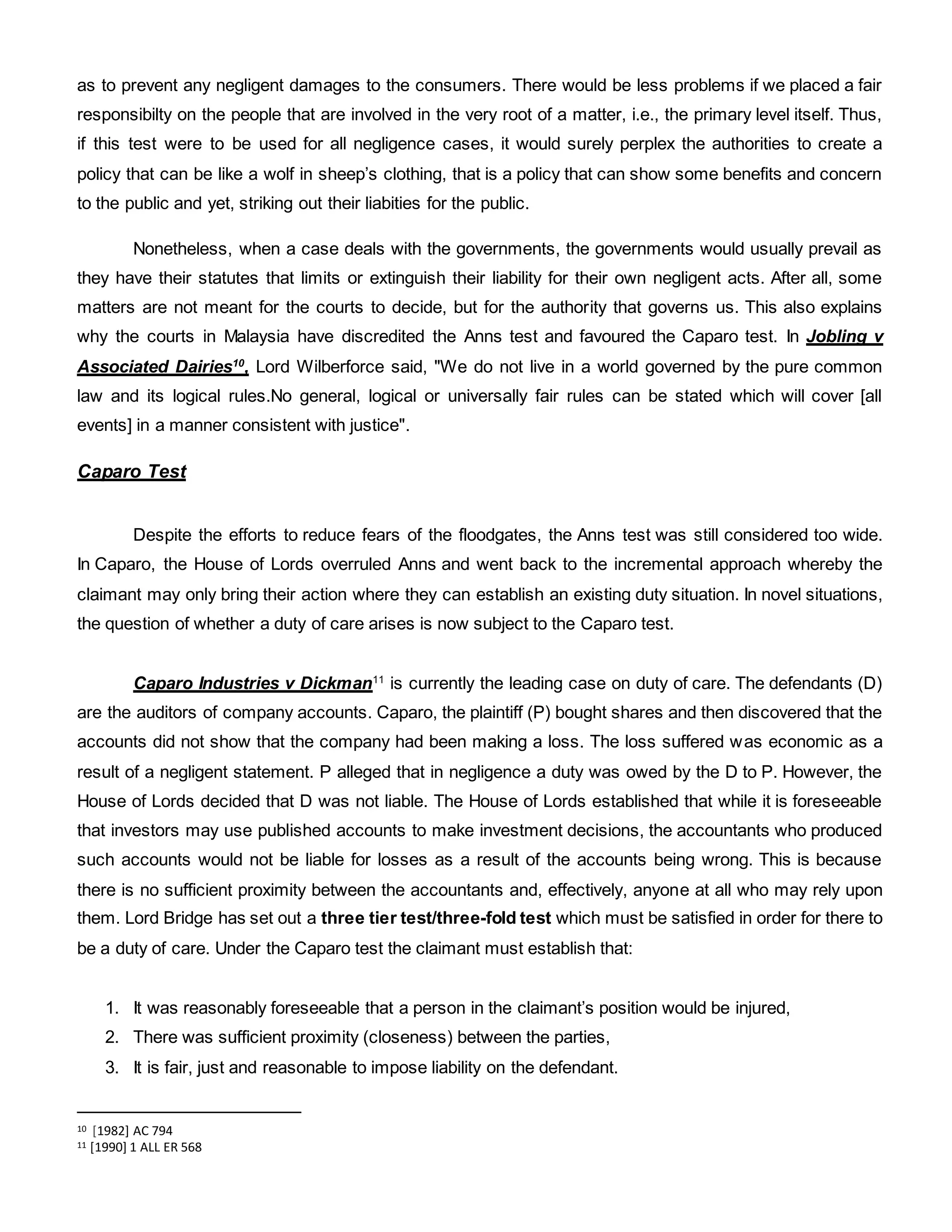 Various tests for duty of care | DOCX