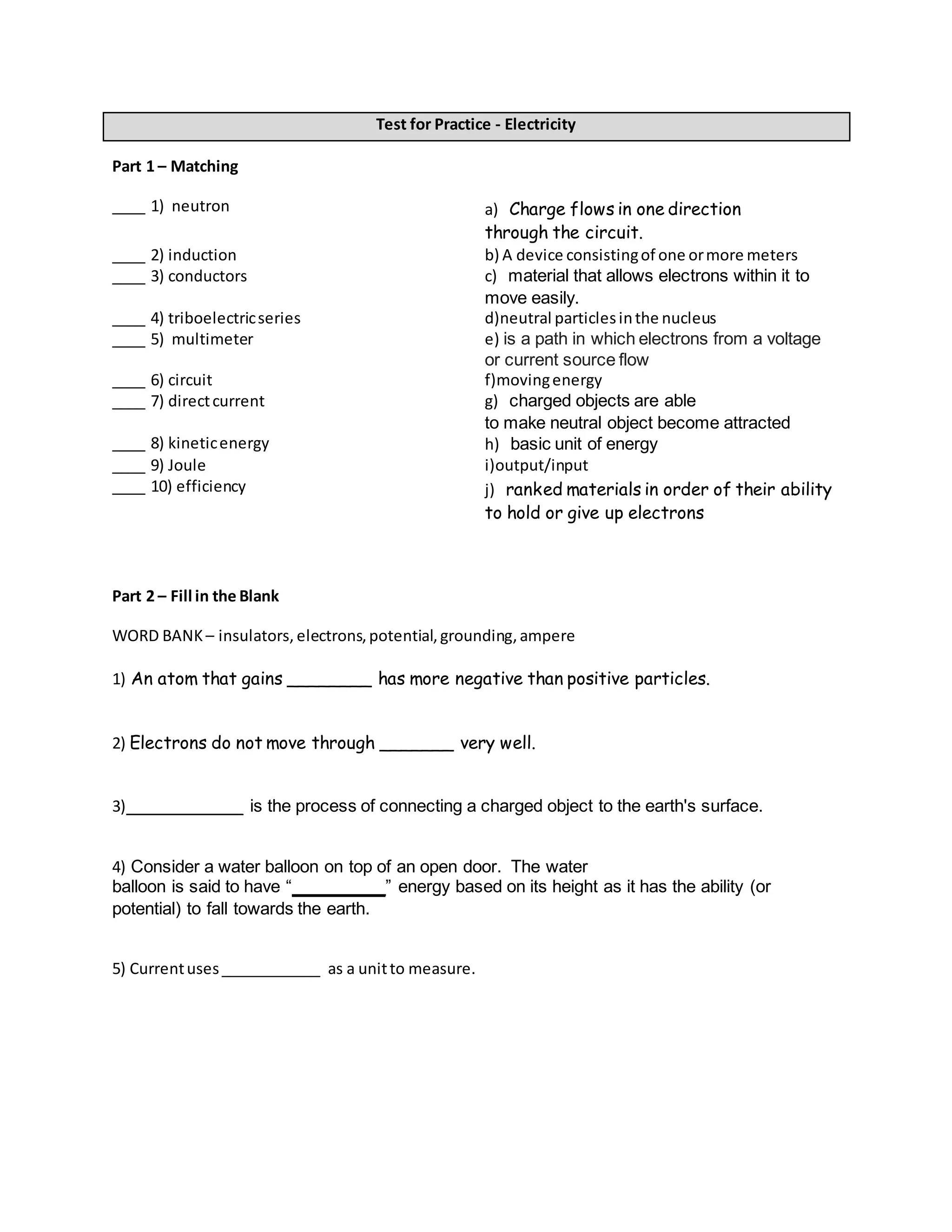 Test for practice electricity | DOCX