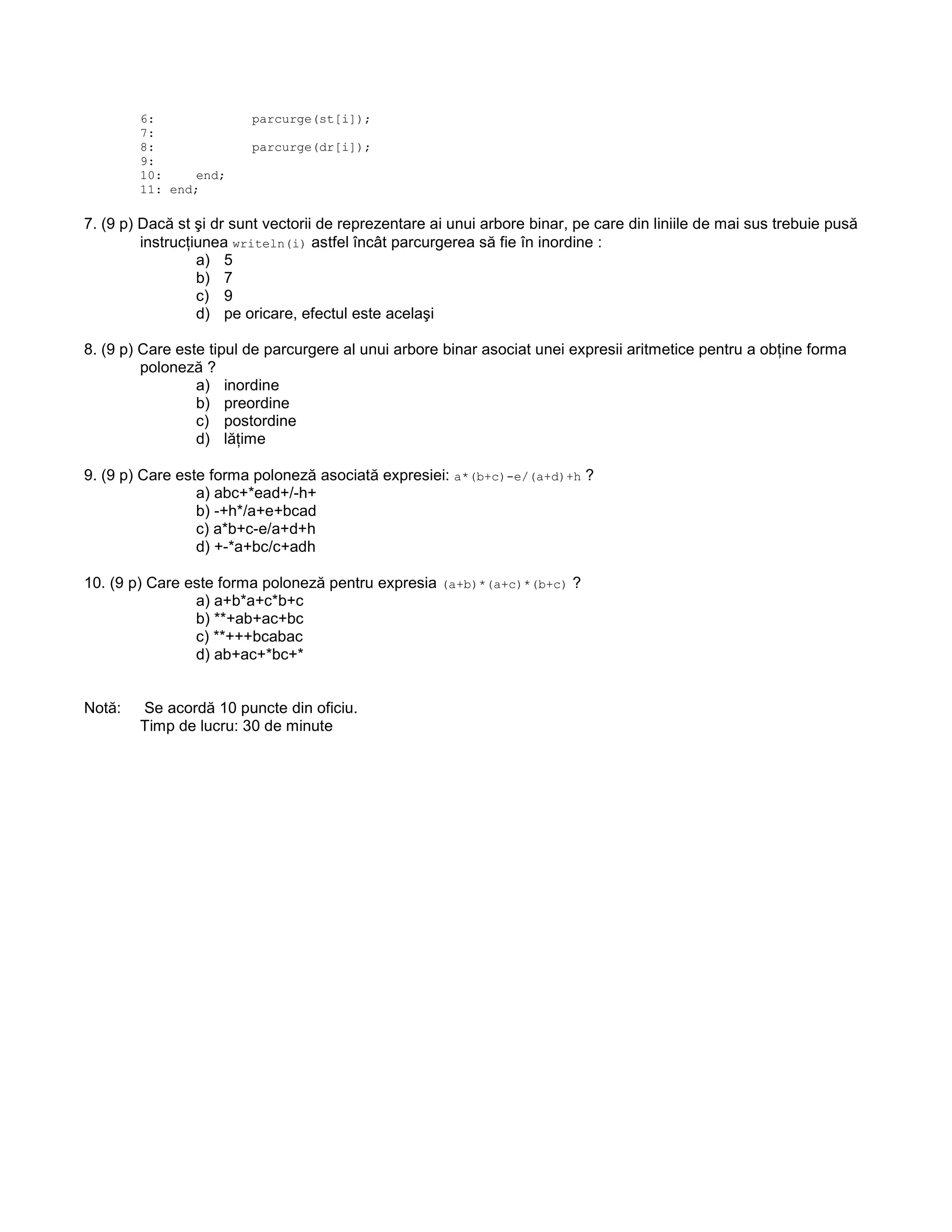 Test grila arbori_binari | PDF