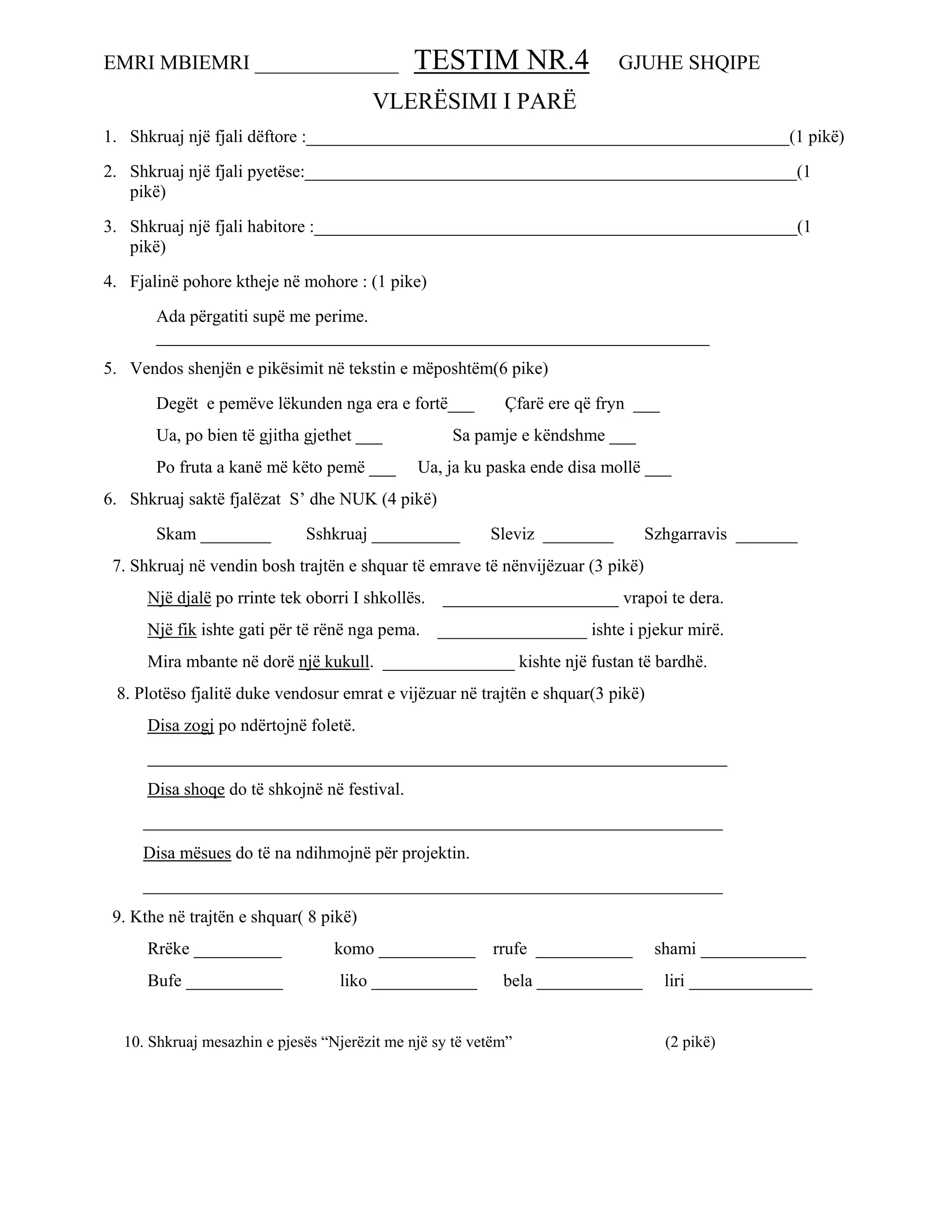 Testime ne-lenden-e-gjuhes-shqipe-per-klasat-fillore | PDF