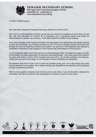 Wei Yuxin's Testimonial from Temasek Secondary School | PDF