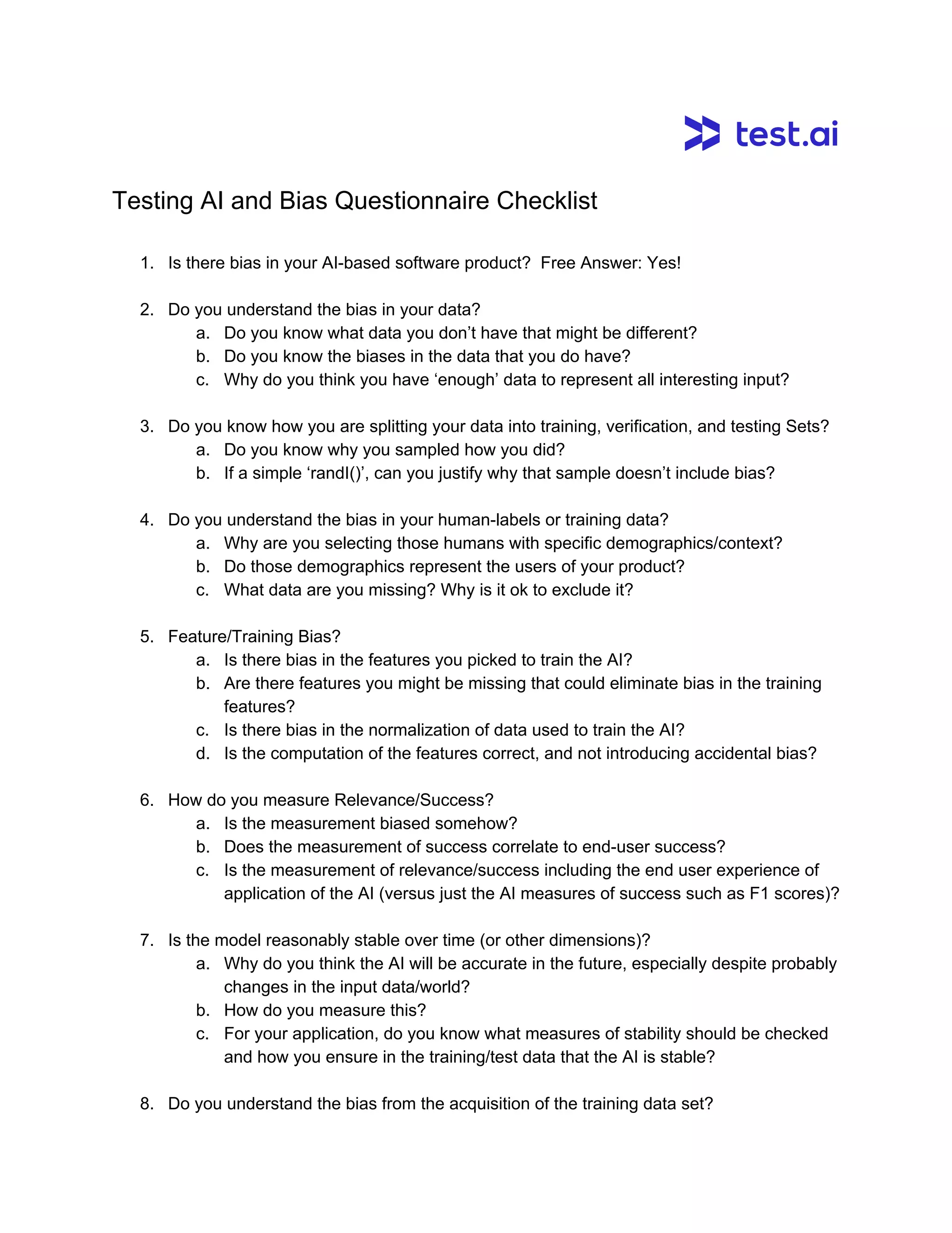 Testing AI and Bias Questionnaire Checklist | PDF