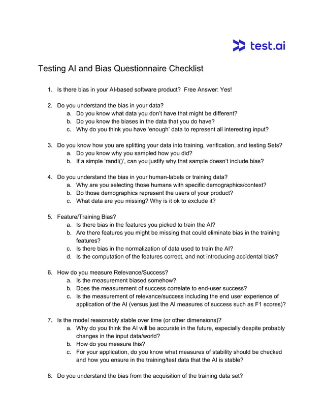 Testing AI and Bias Questionnaire Checklist | PDF