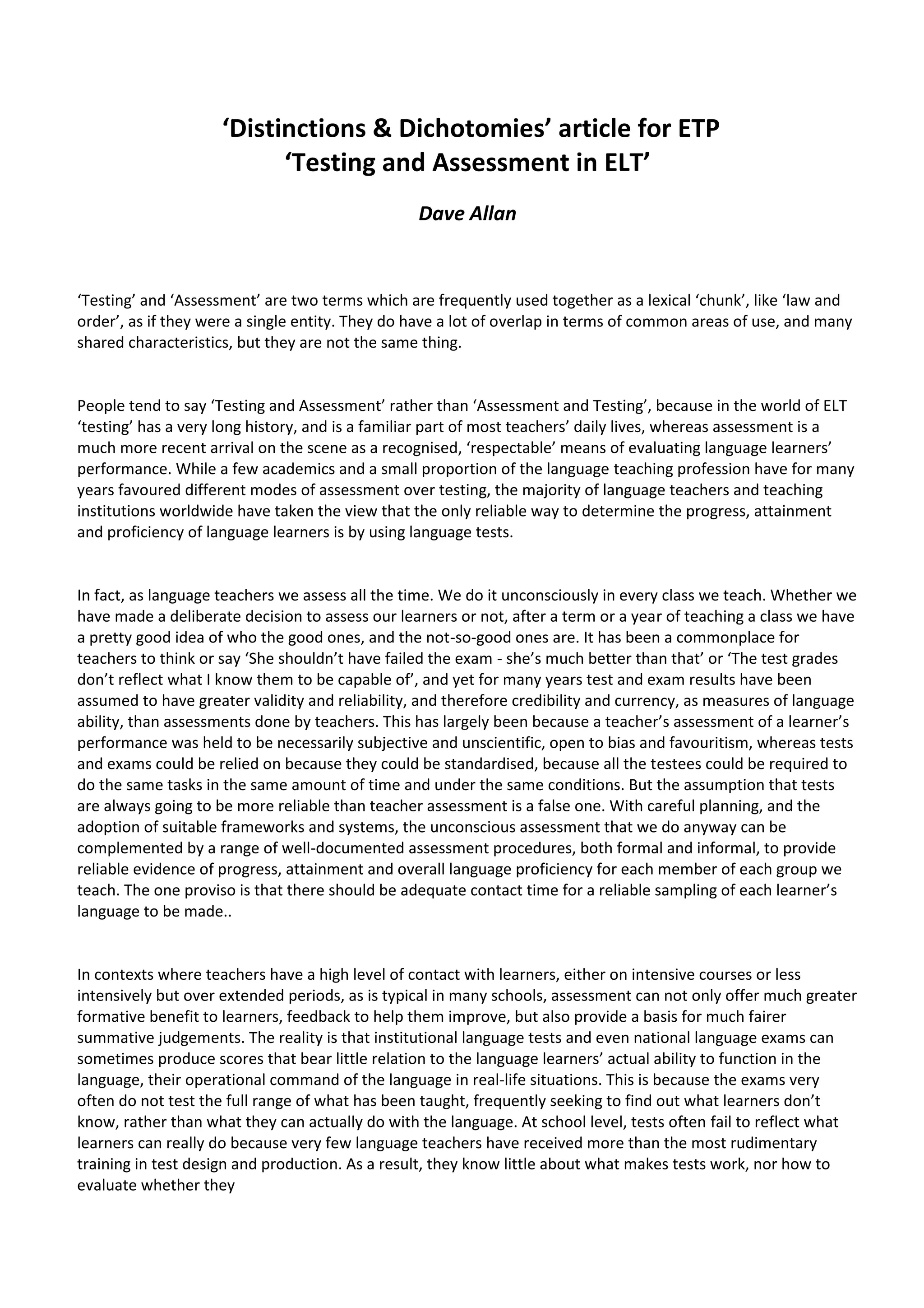 Testing and assessment in elt | PDF