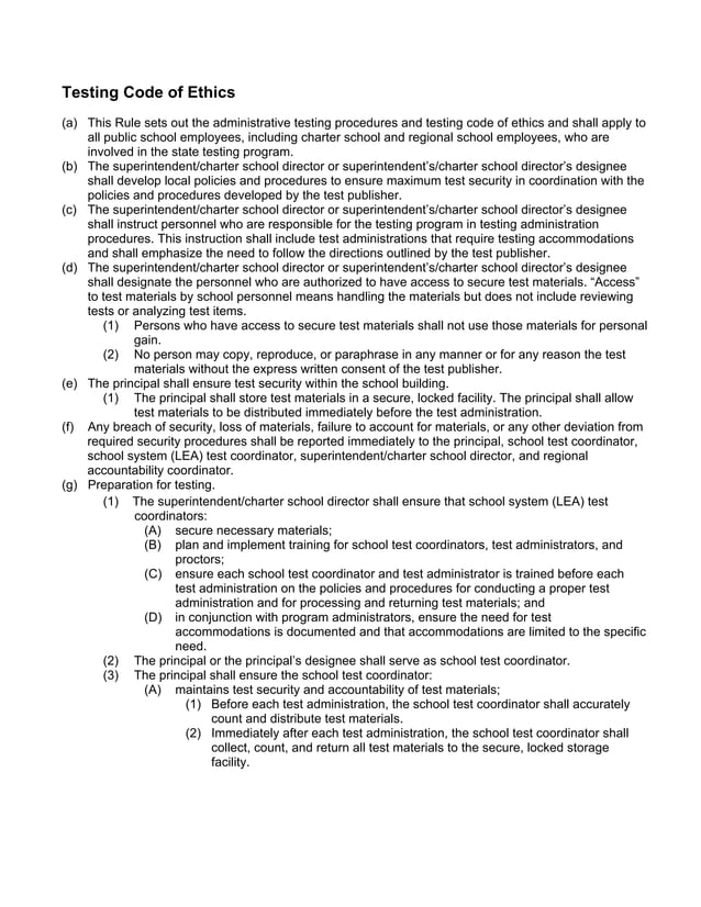 Testing Code of Ethics Updated 2017 | PDF | Standardized Testing ...