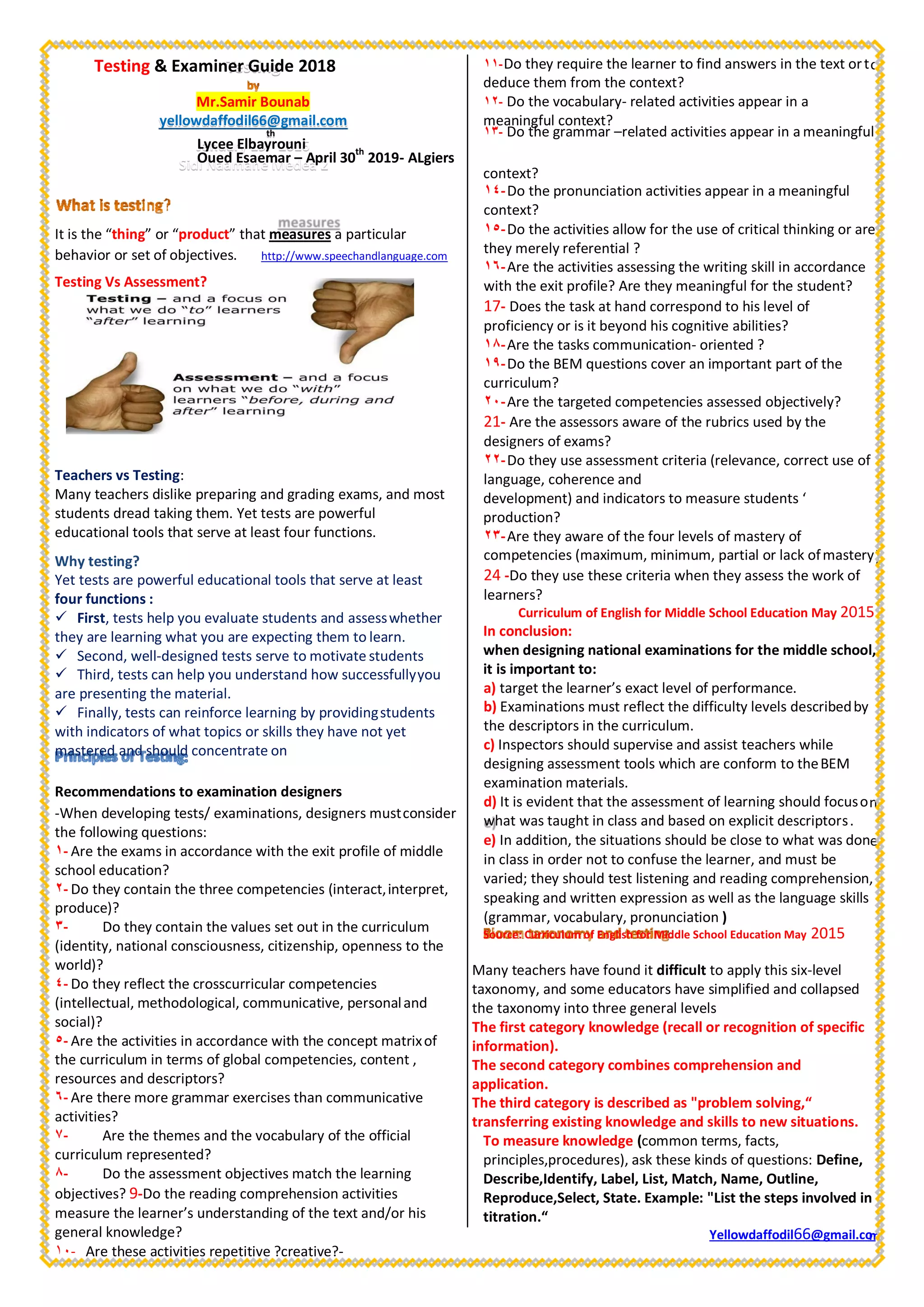 Testing & examiner guide 2018 teacher's hand out oued semar a lgiers | PDF