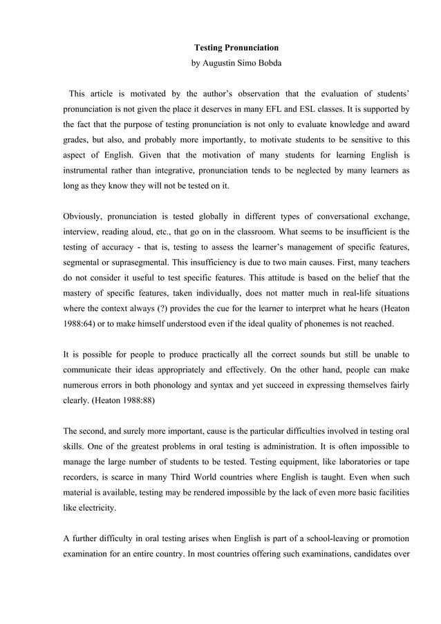 Testing pronunciation seminar | DOC | Standardized Testing ...