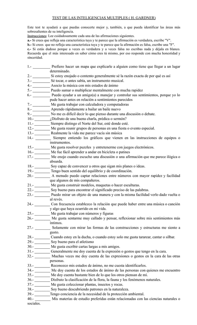 Test de inteligencias múltiples (H.Gardner) | PDF
