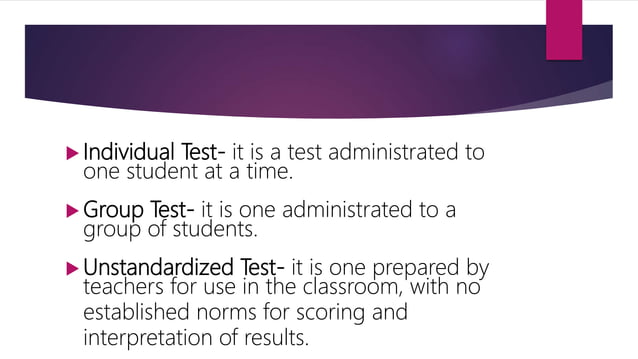 Test, measurement, assessment & evaluation | PPTX | Standardized ...