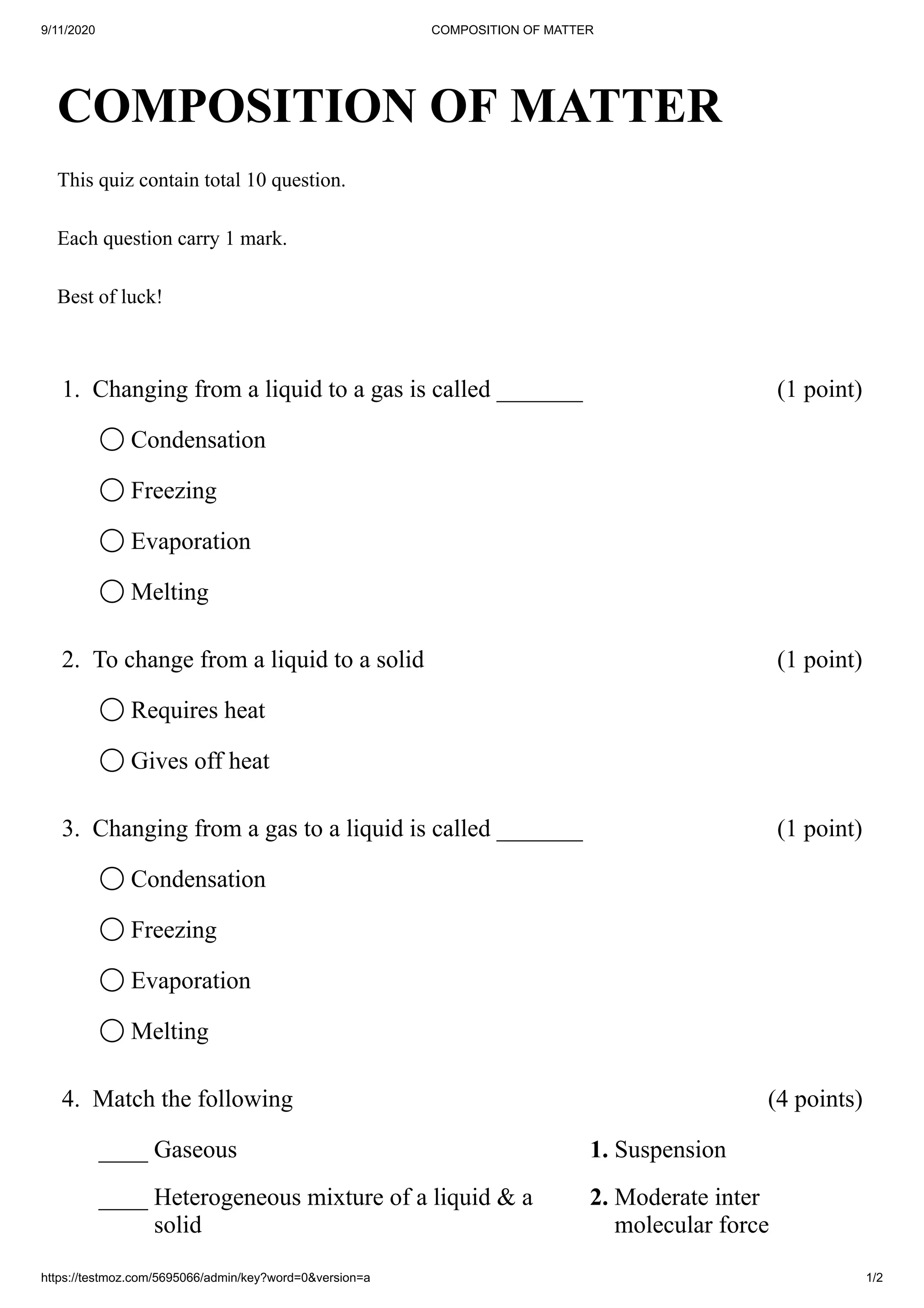 composition of matter - Quiz | PDF