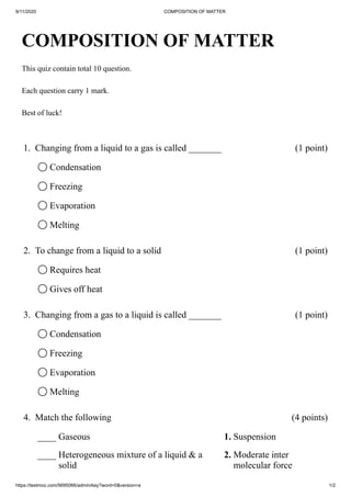 composition of matter - Quiz | PDF | Chemistry | Science