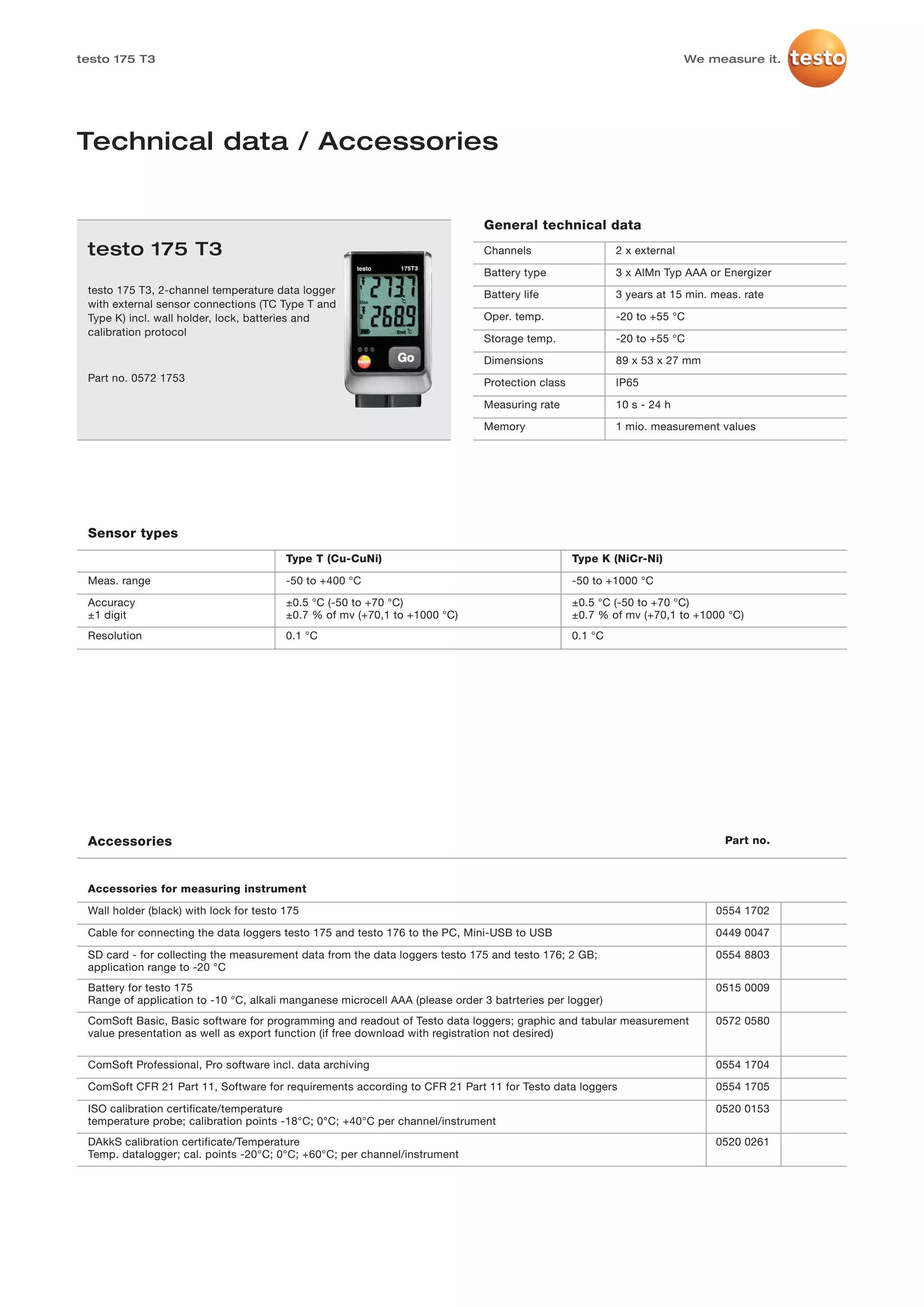 Testo 175 t3 datasheet | PDF