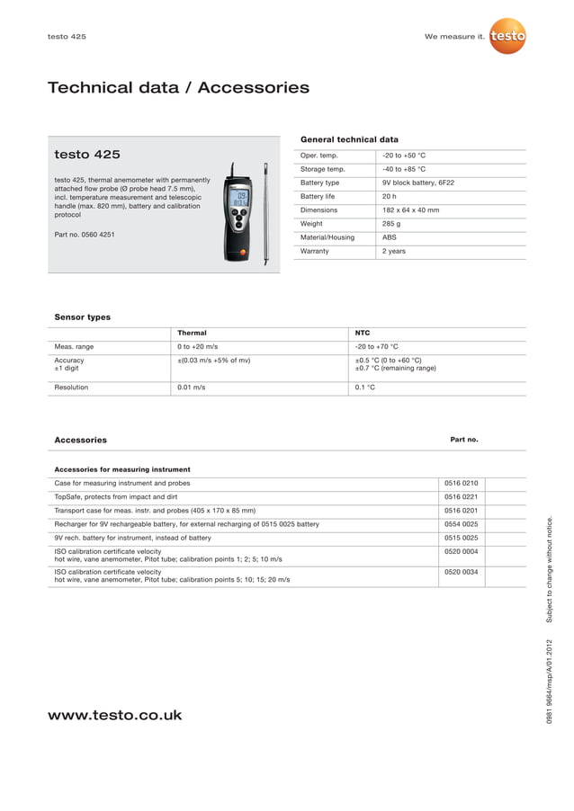 Testo 425 datasheet 2012 | PDF | Physics | Science