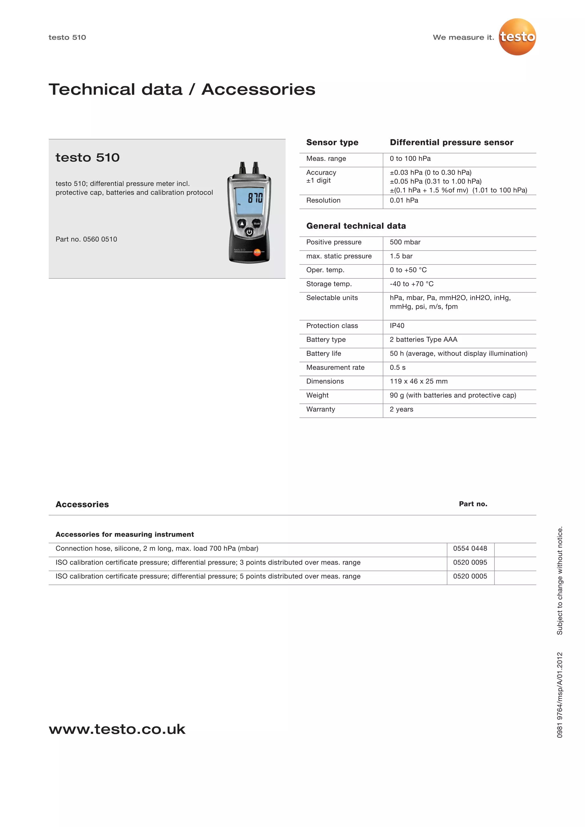 Testo 510 datasheet 2012 | PDF