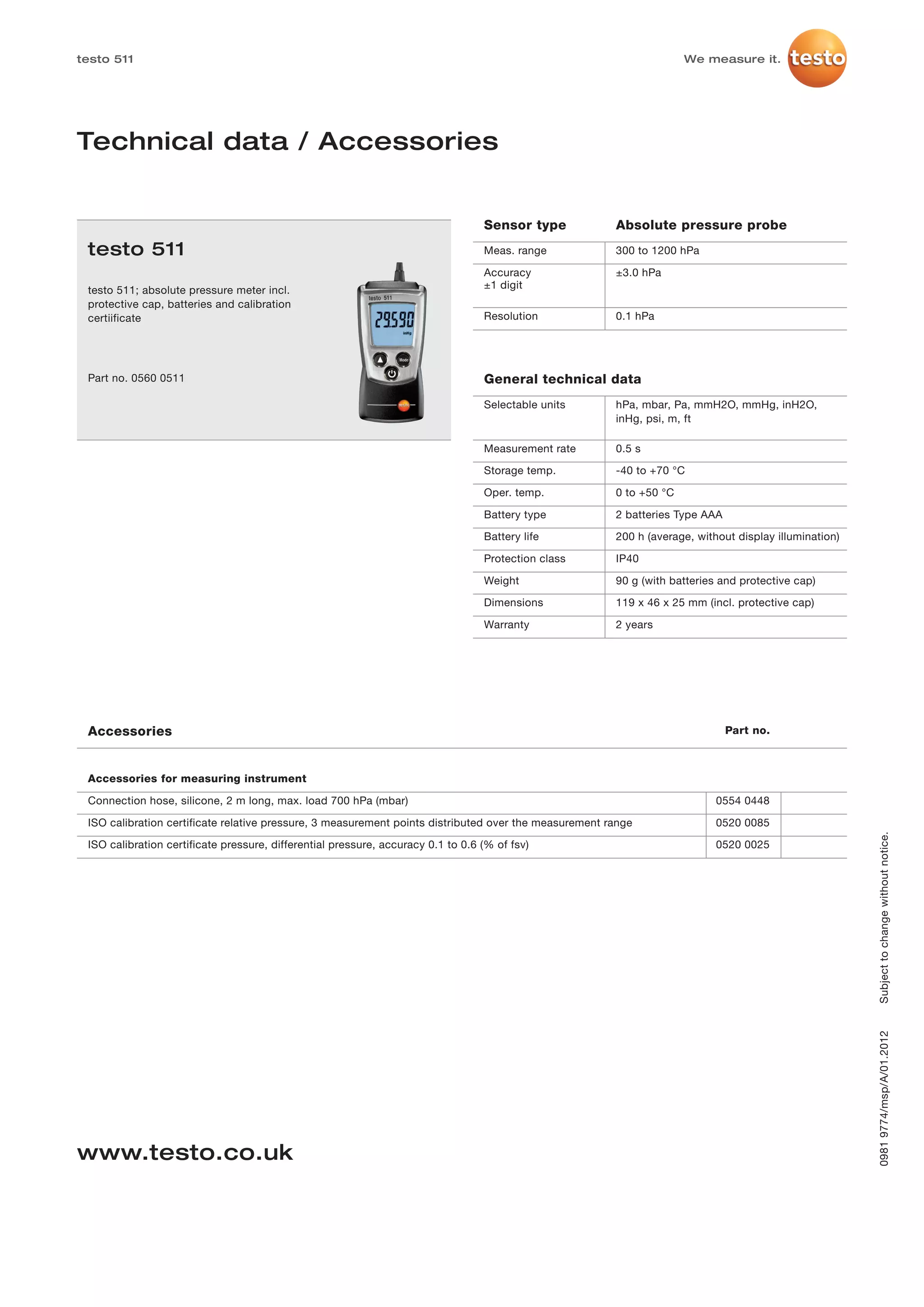Testo 511 datasheet 2012 | PDF