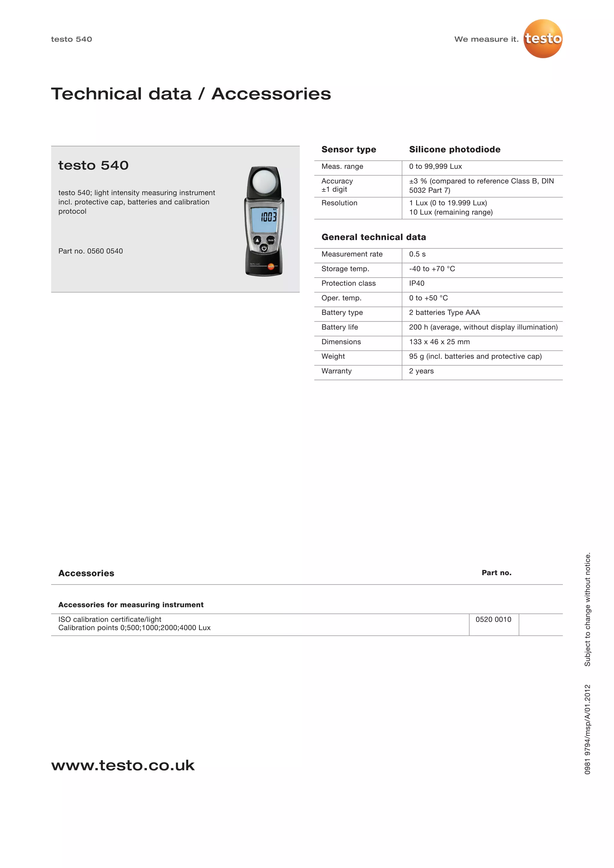 Testo 540 datasheet 2012 | PDF
